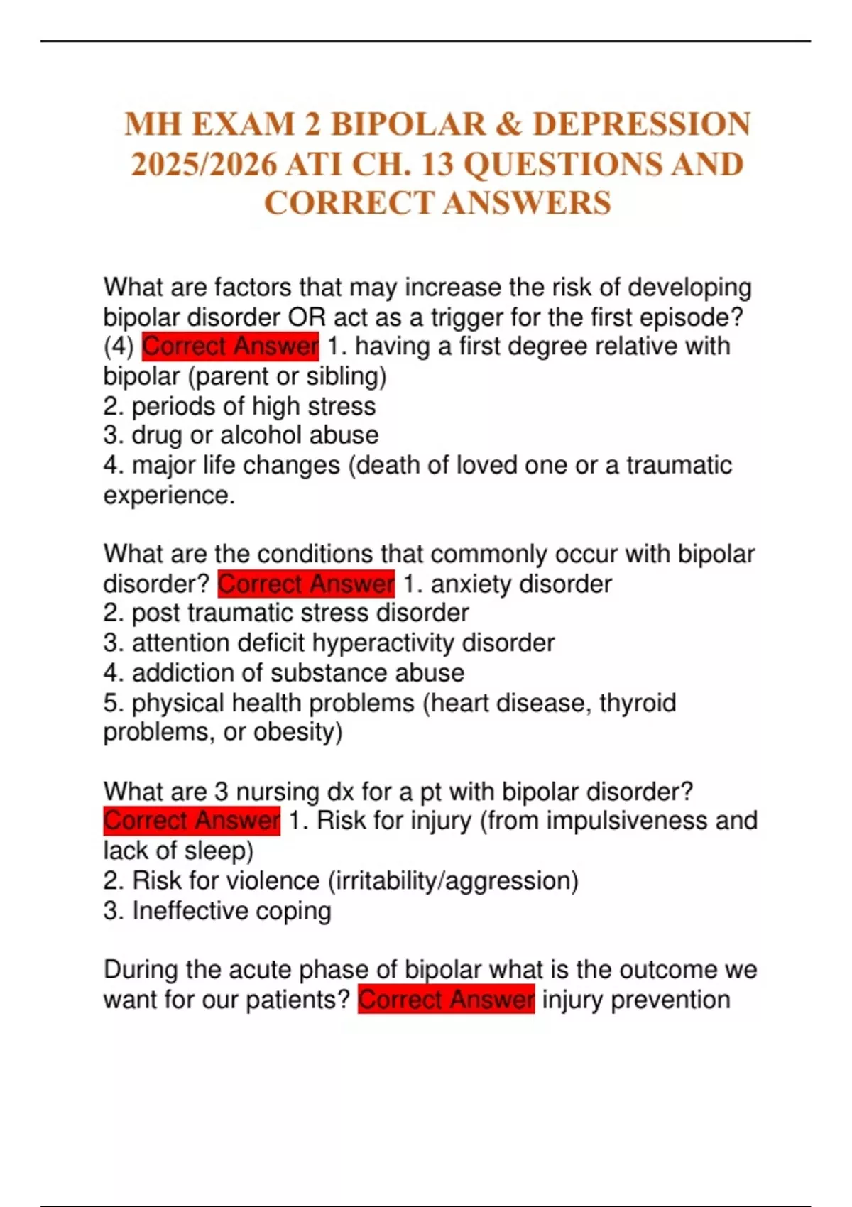 MH EXAM 2 BIPOLAR & DEPRESSION 2025/2026 ATI CH. 13 QUESTIONS AND ...