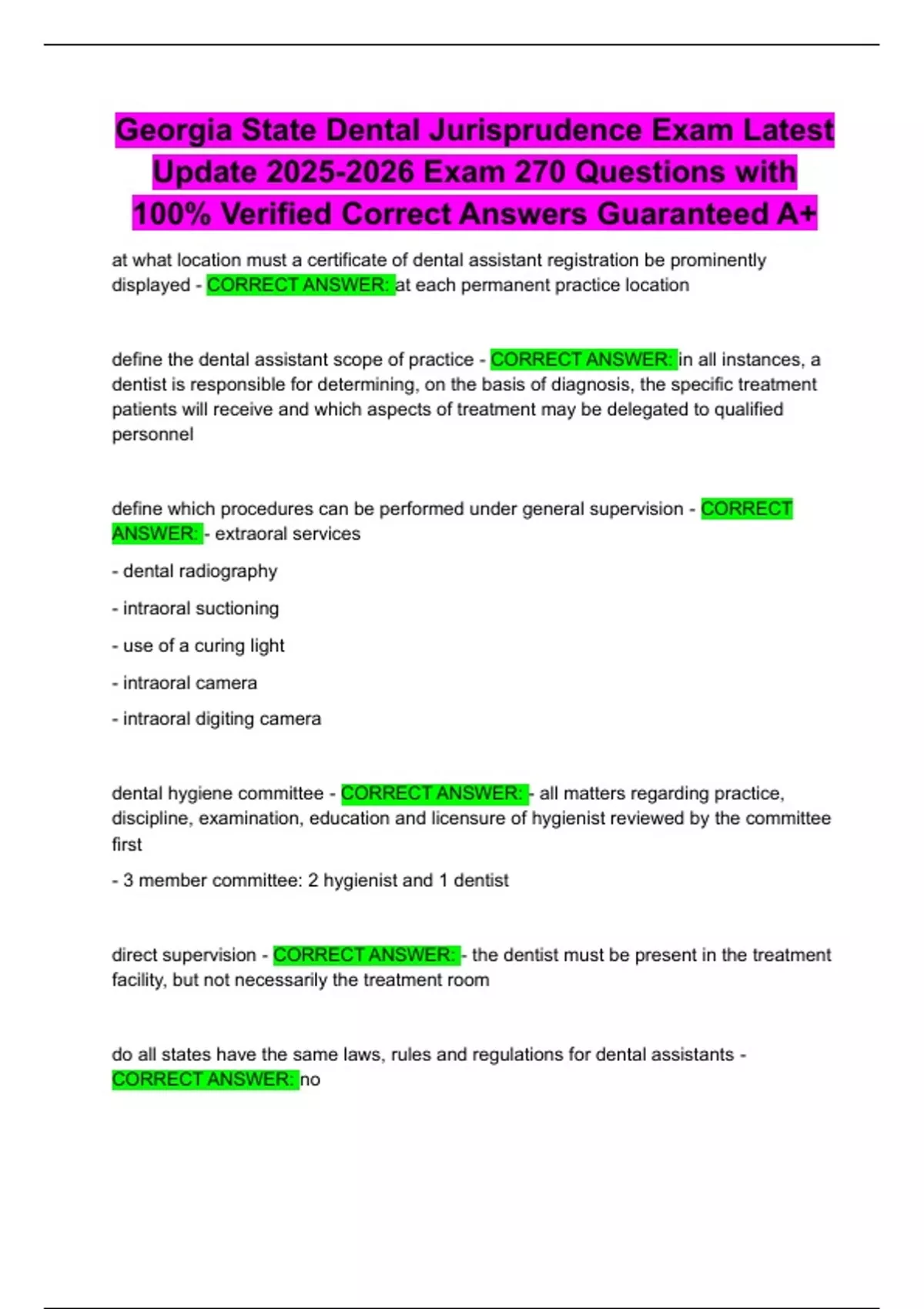 Georgia State Dental Jurisprudence Exam Latest Update Exam 270 ...