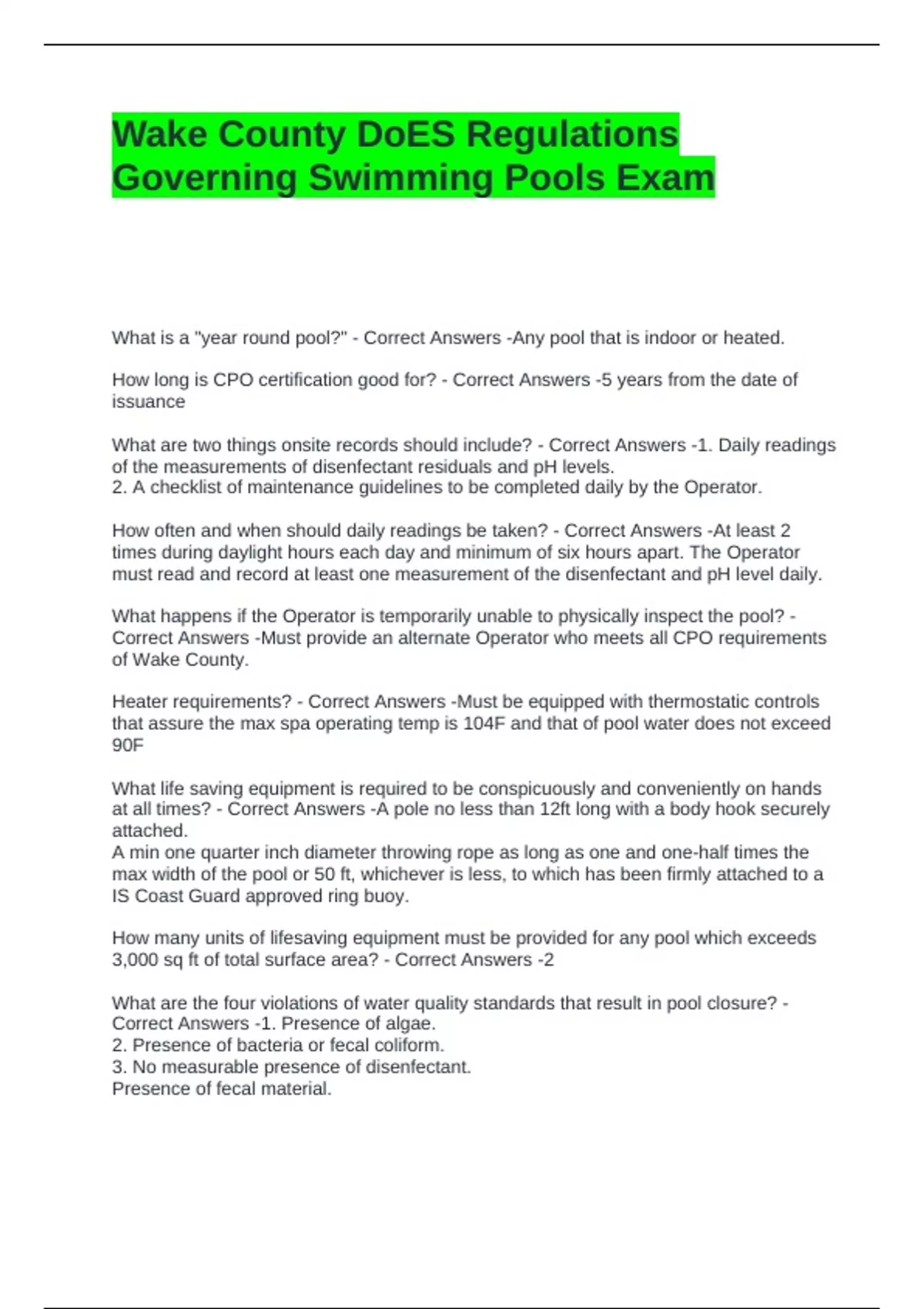 Wake County DoES Regulations Governing Swimming Pools Exam Questions ...