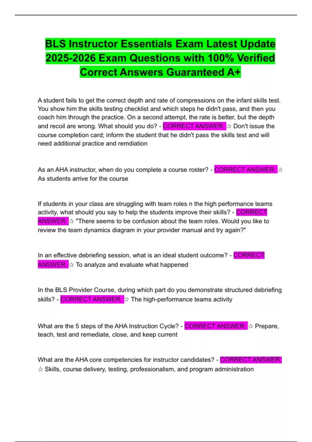 BLS Instructor Essentials Exam Latest Update Exam Questions with 100% ...