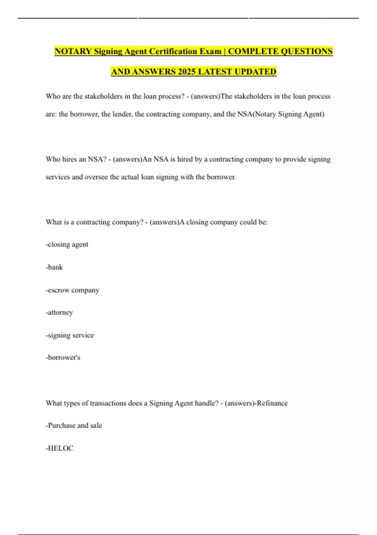 NOTARY Signing Agent Certification Exam | COMPLETE QUESTIONS AND ...