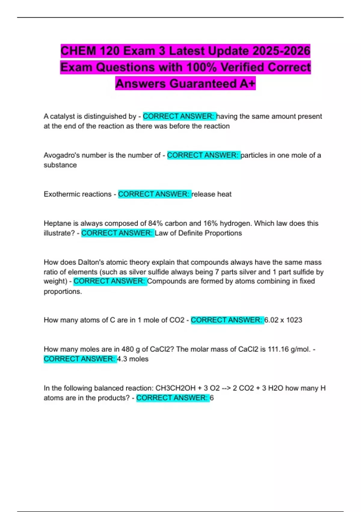 CHEM 120 Exam 3 Latest Update Exam Questions with 100% Verified Correct ...