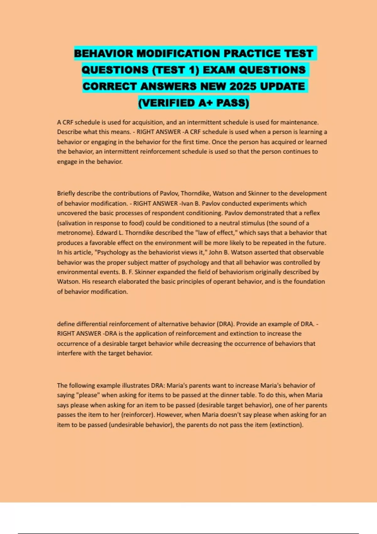 BEHAVIOR MODIFICATION PRACTICE TEST QUESTIONS (TEST 1) EXAM QUESTIONS ...