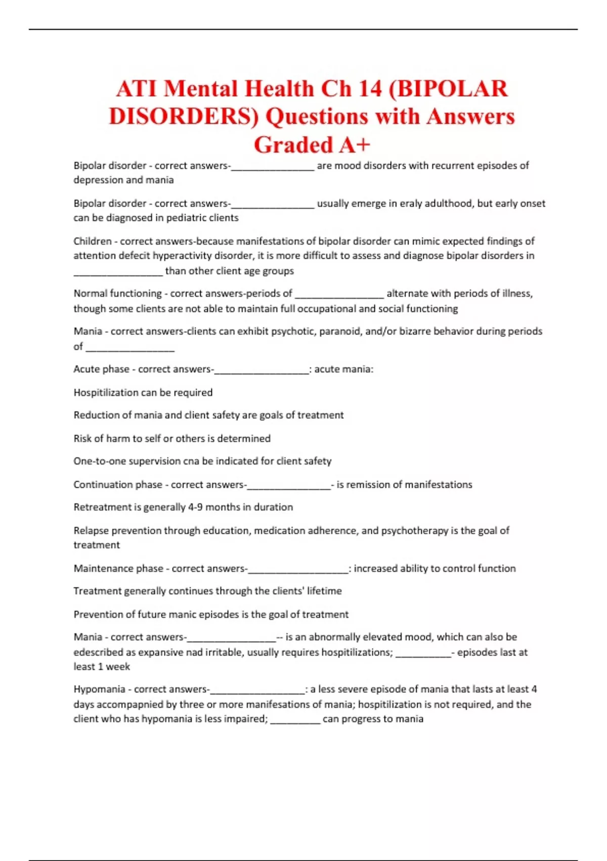 ATI Mental Health Ch 14 (BIPOLAR DISORDERS) Questions with Answers ...