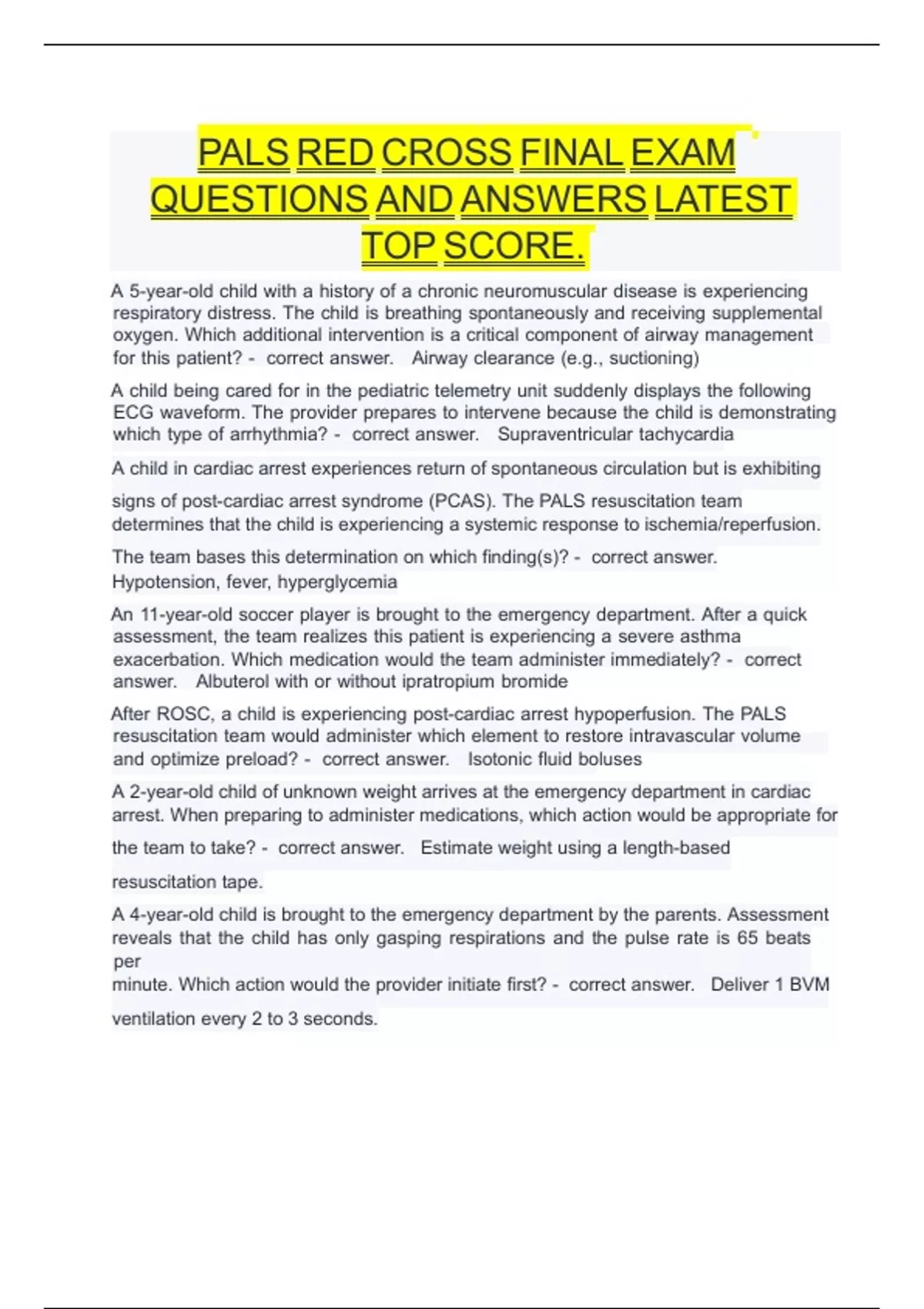 PALS RED CROSS FINAL EXAM QUESTIONS AND ANSWERS LATEST TOP SCORE ...