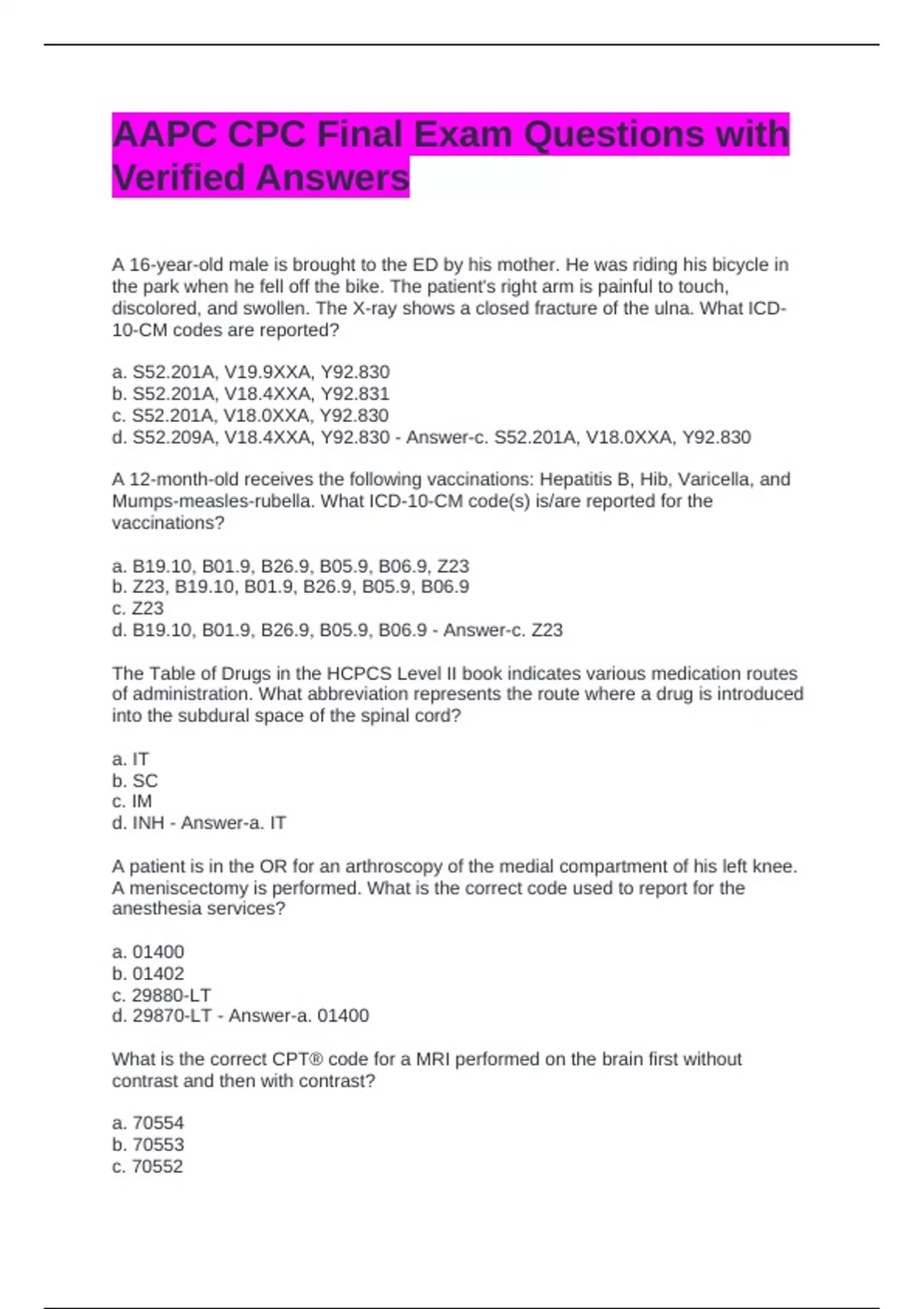 AAPC CPC Final Exam Questions with Verified Answers - Medical Coding - Stuvia US