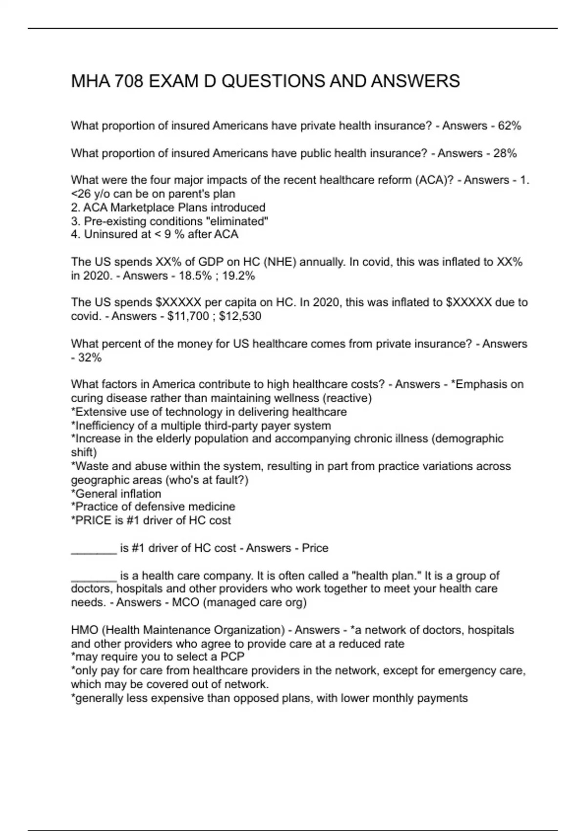 MHA 708 EXAM D QUESTIONS AND ANSWERS - MHA 708 - Stuvia US