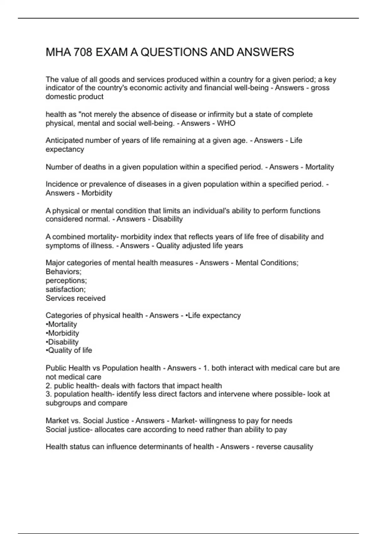 MHA 708 EXAM A QUESTIONS AND ANSWERS - MHA 708 - Stuvia US