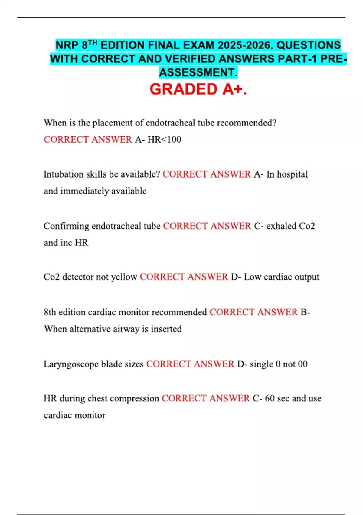 NRP 8TH EDITION FINAL EXAM . QUESTIONS WITH CORRECT AND VERIFIED ANSWERS PART-1 PRE-ASSESSMENT ...