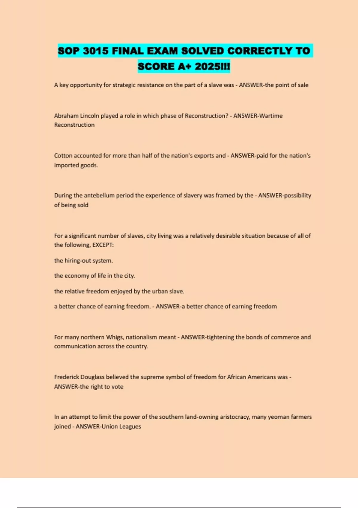 SOP 3015 FINAL EXAM SOLVED CORRECTLY TO SCORE A+ 2025!!! - SOP 2015 ...