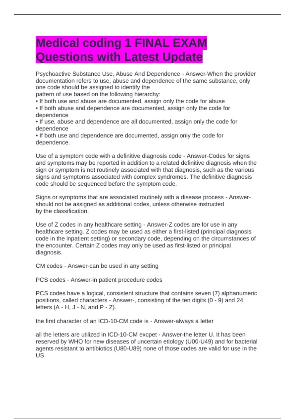 Medical coding 1 FINAL EXAM Questions with Latest Update - Medical ...