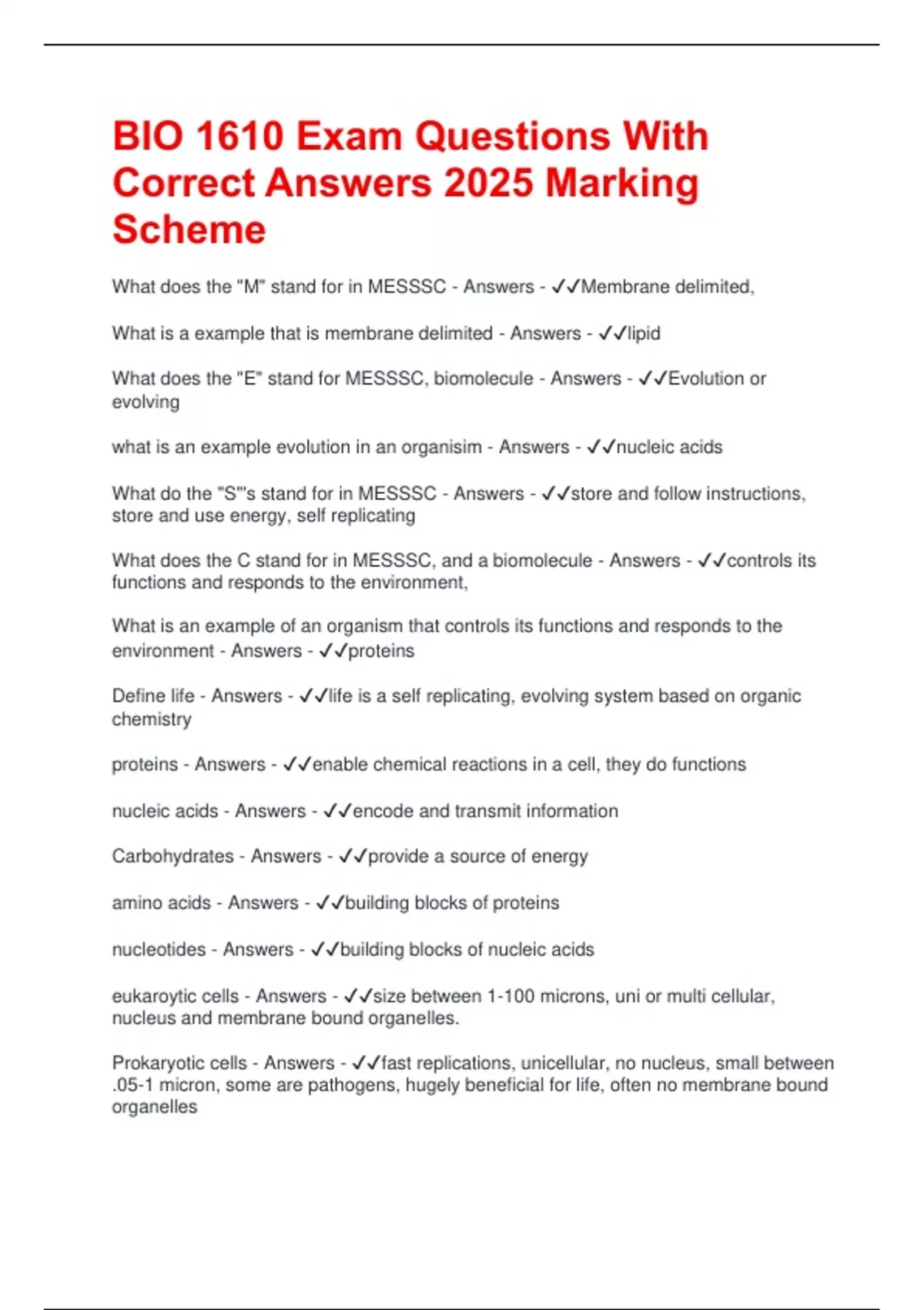 BIO 1610 Exam Questions With Correct Answers 2025 Marking Scheme - BIO ...