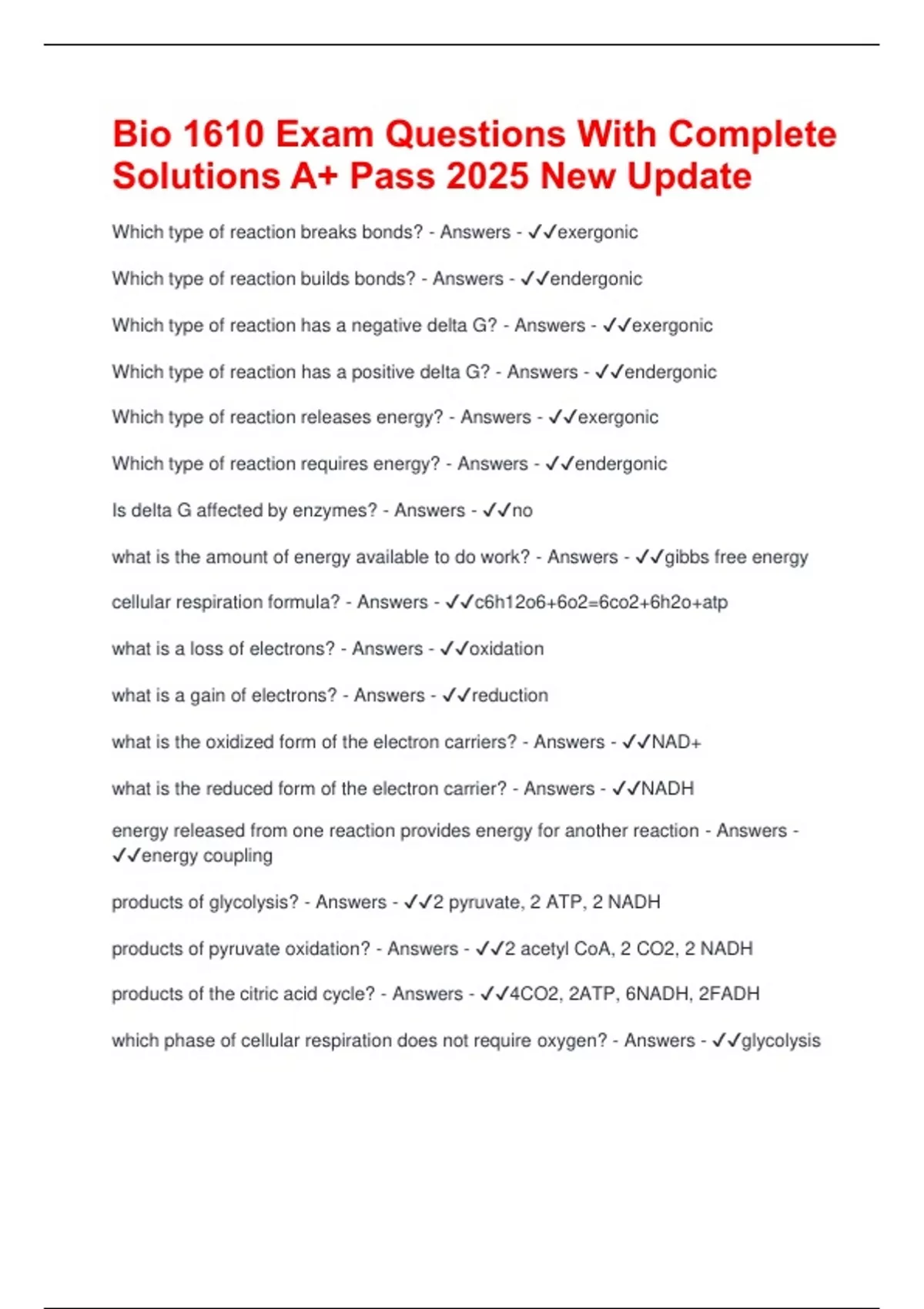 Bio 1610 Exam Questions With Complete Solutions A+ Pass 2025 New Update ...