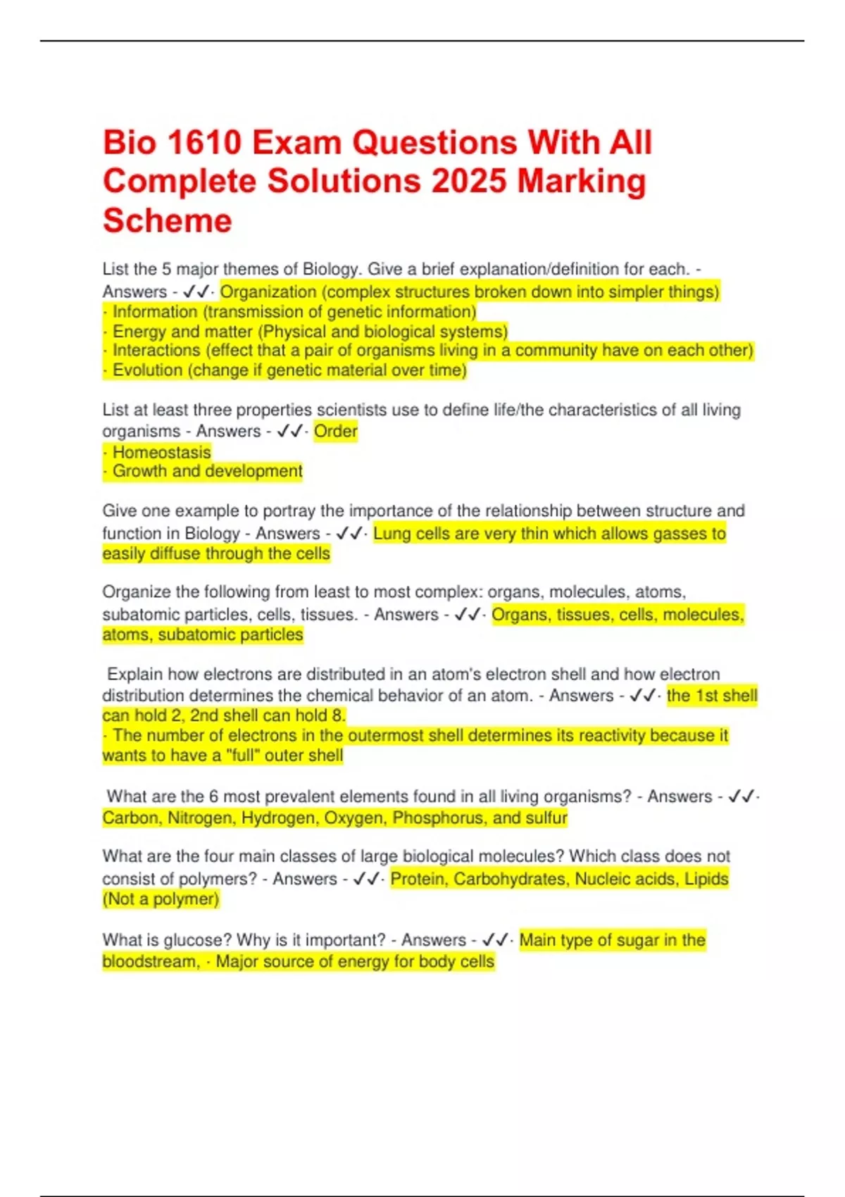 Bio 1610 Exam Questions With All Complete Solutions 2025 Marking Scheme ...