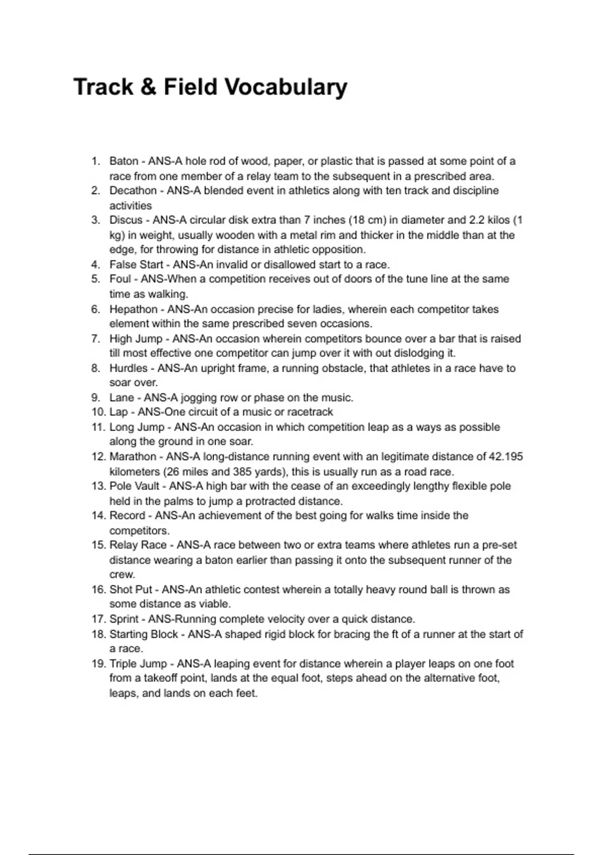 Track & Field Vocabulary (2025/2026 Newest Update) COMPLETE QUESTIONS ...