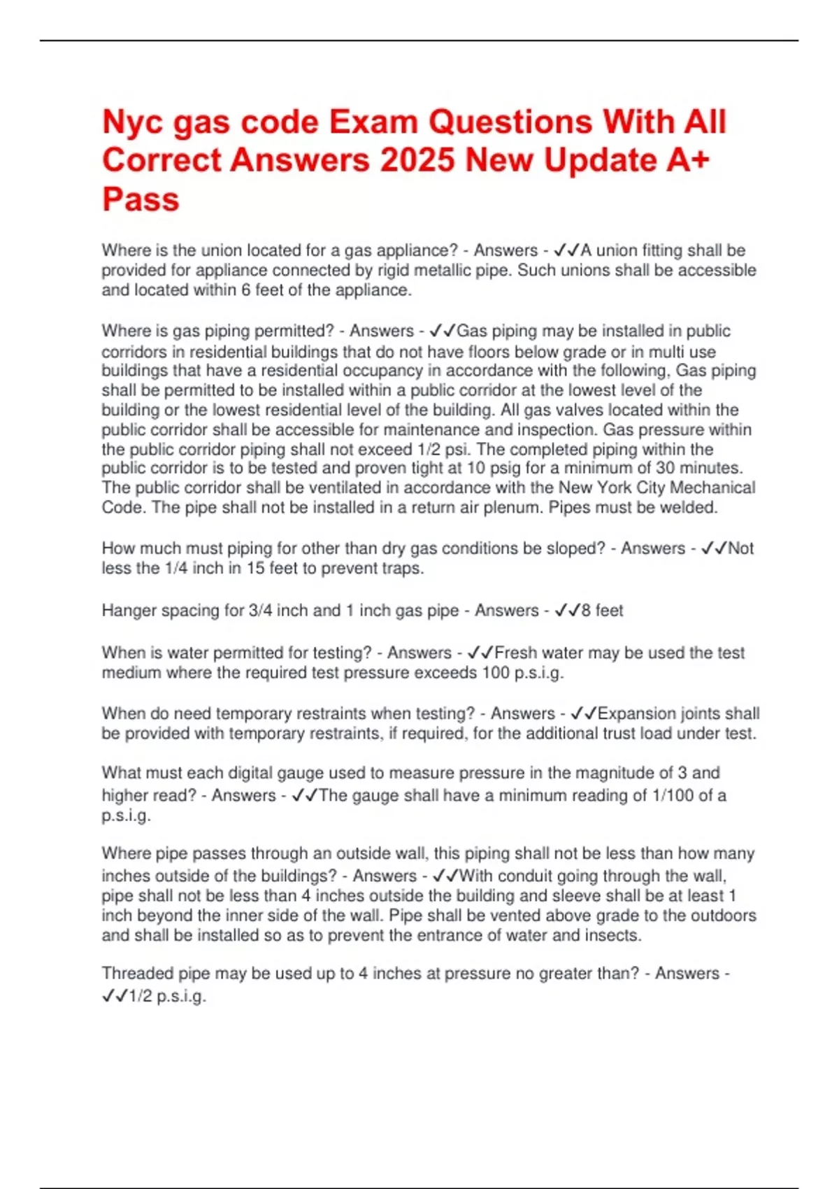 Nyc gas code Exam Questions With All Correct Answers 2025 New Update A+ Pass - Nyc gas code ...