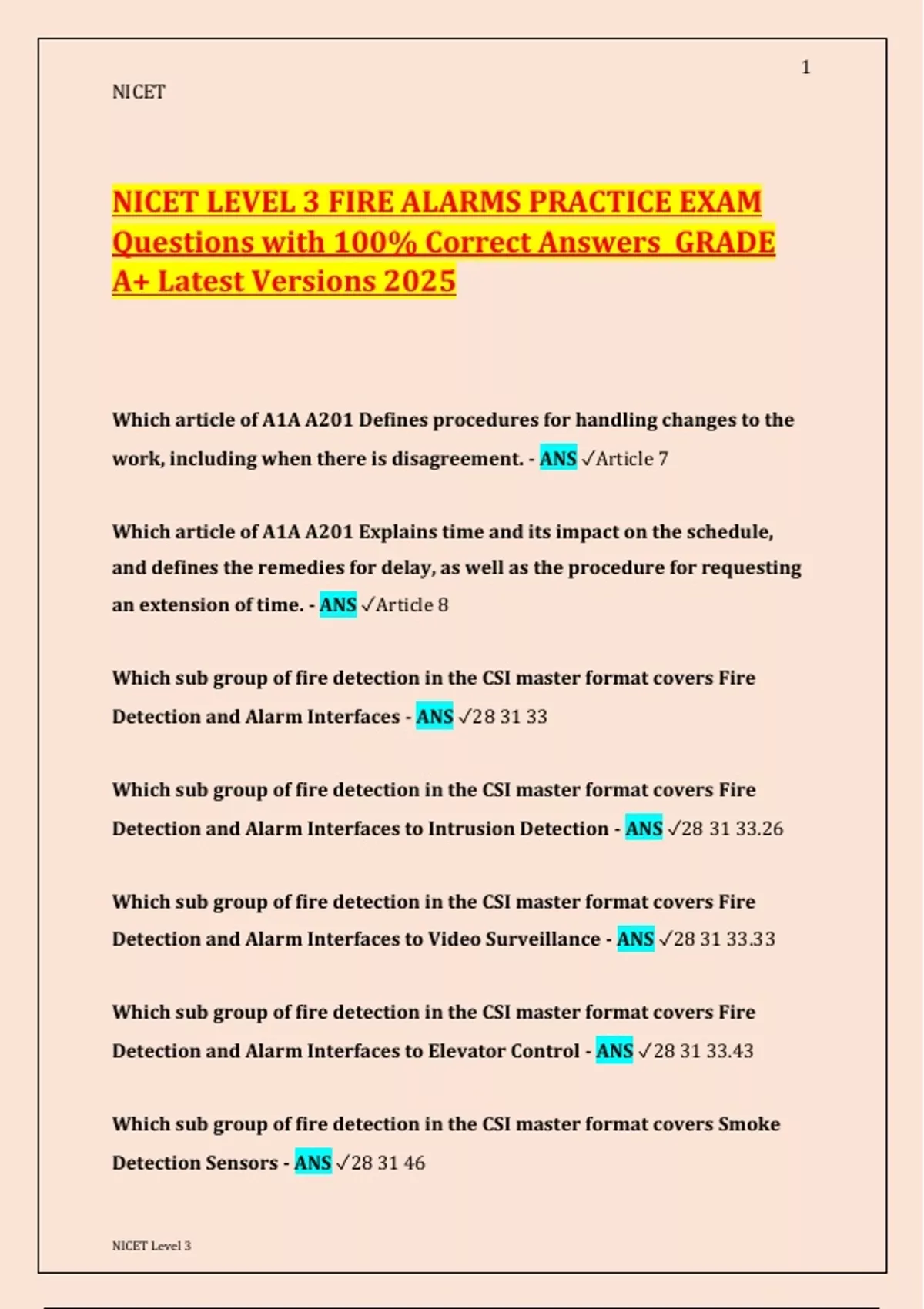 NICET LEVEL 3 FIRE ALARMS PRACTICE EXAM Questions with 100% Correct ...