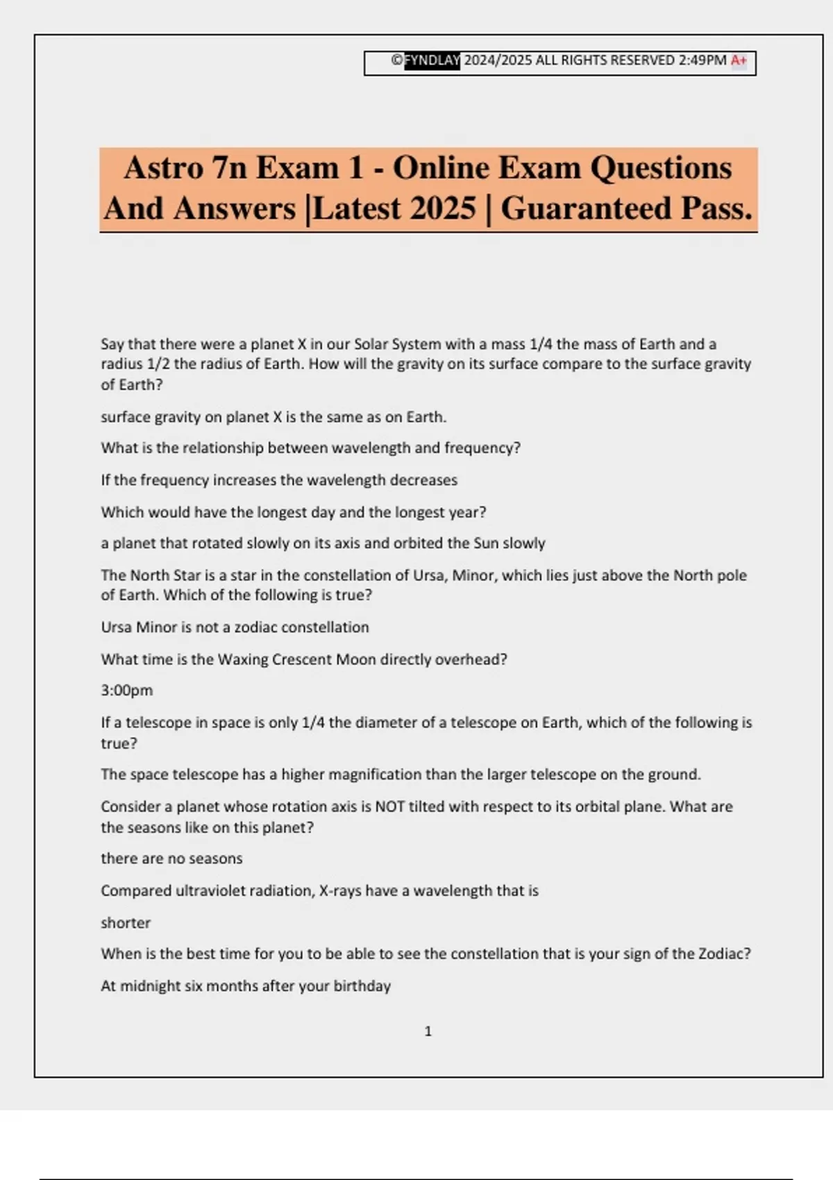 Astro 7n Exam 1 - Online Exam Questions And Answers |Latest 2025 ...