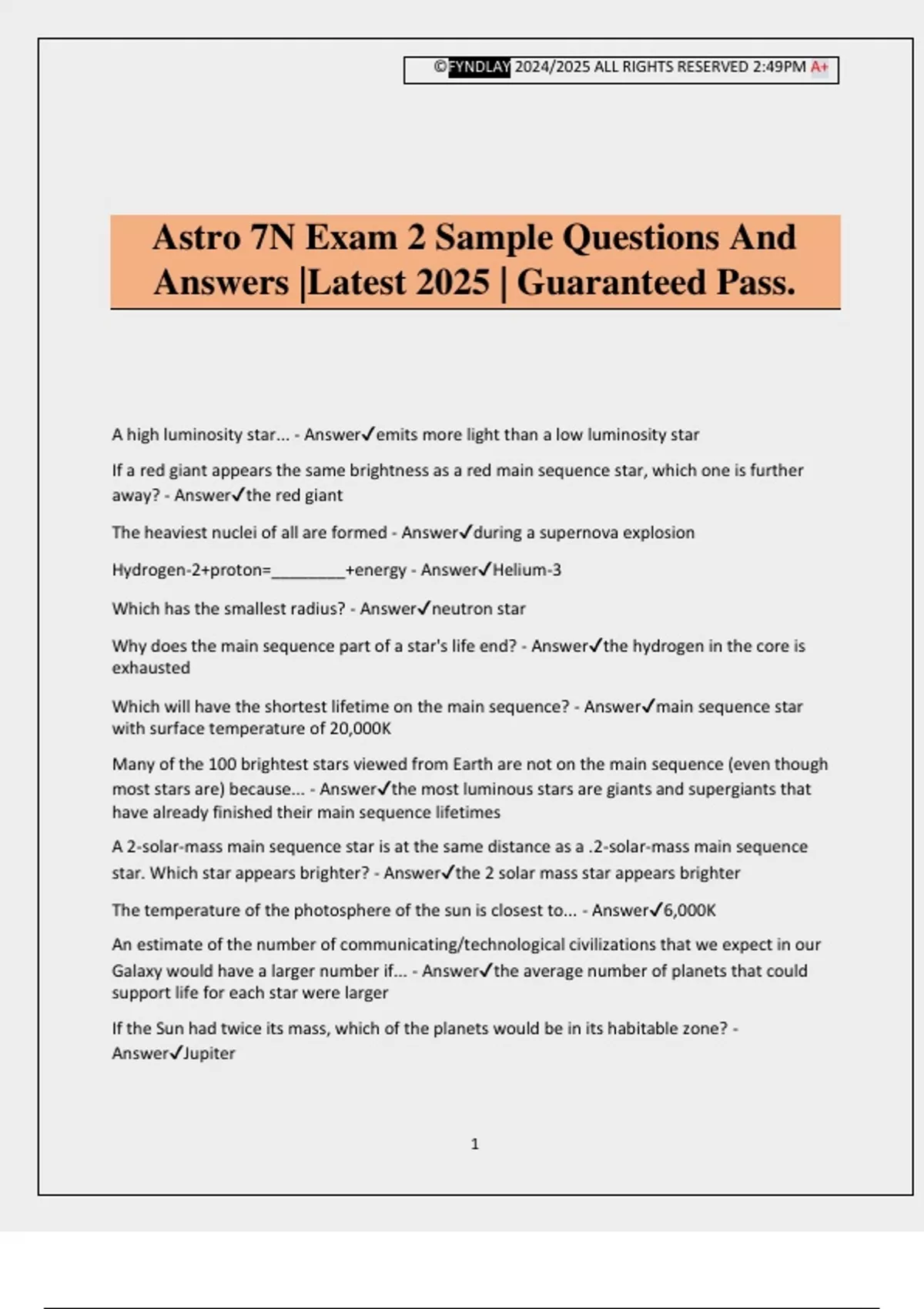 Astro 7N Exam 2 Sample Questions And Answers |Latest 2025 | Guaranteed ...