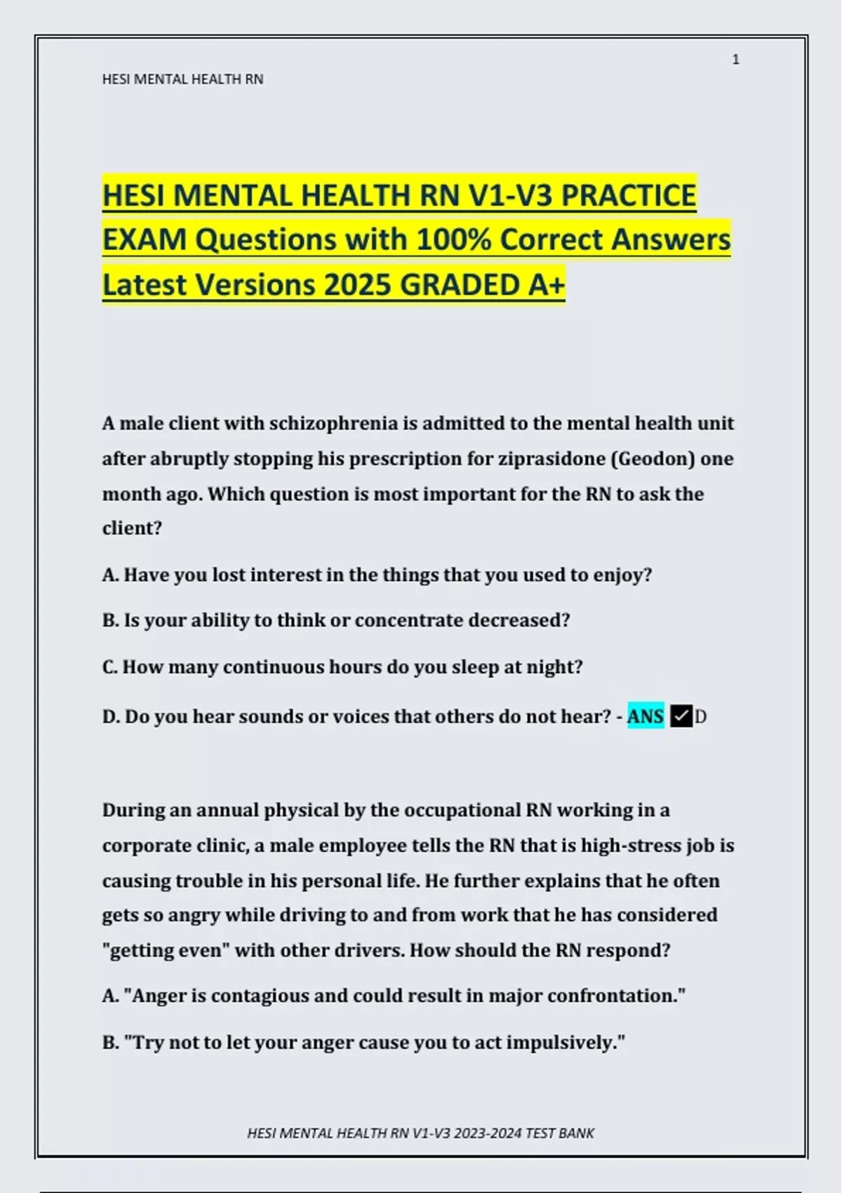 HESI MENTAL HEALTH RN V1-V3 PRACTICE EXAM Questions with 100% Correct ...