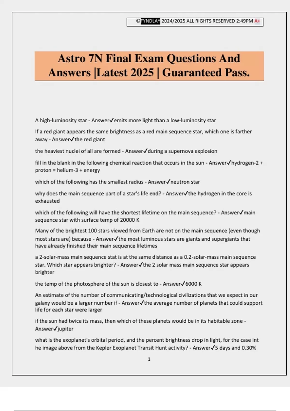 Astro 7N Final Exam Questions And Answers |Latest 2025 | Guaranteed ...