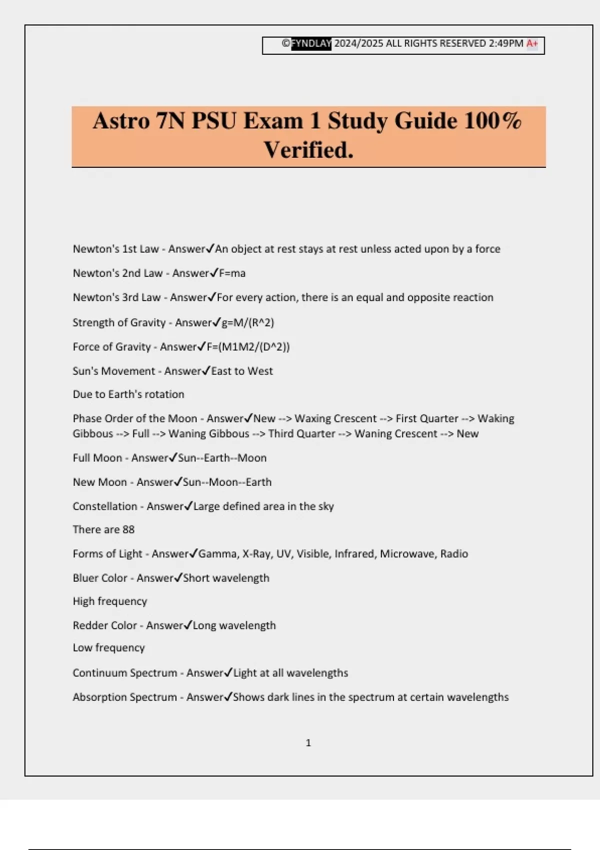 Astro 7N PSU Exam 1 Study Guide 100% Verified - Astro 7N - Stuvia US