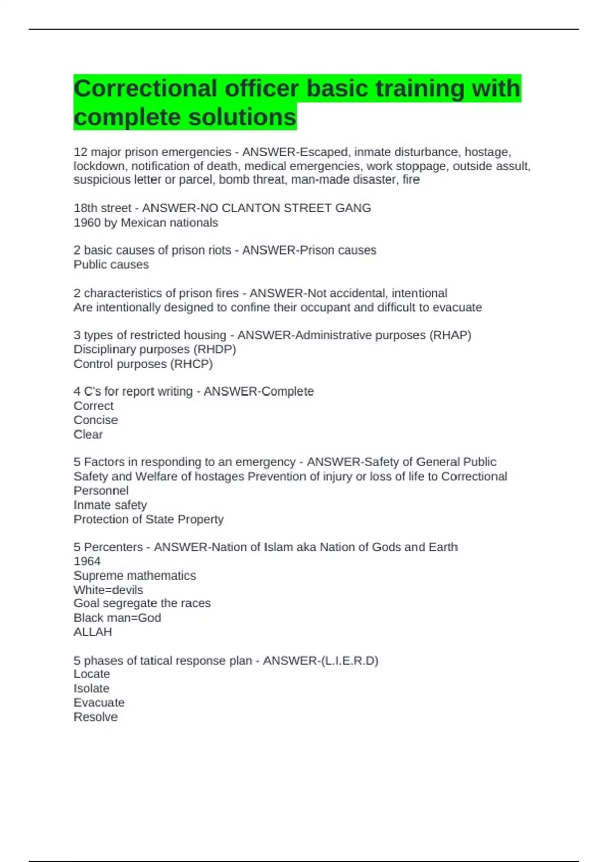 Correctional officer basic training with complete solutions - NC ...