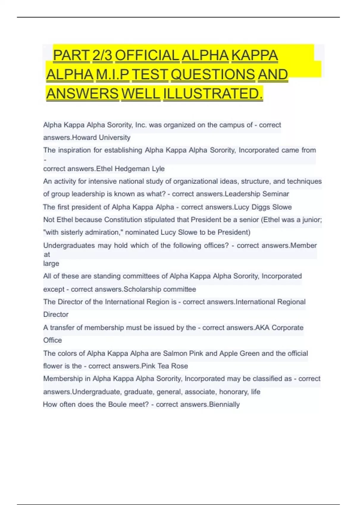 Part 2/3 Official Alpha Kappa Alpha M.I.P Test questions and answers ...
