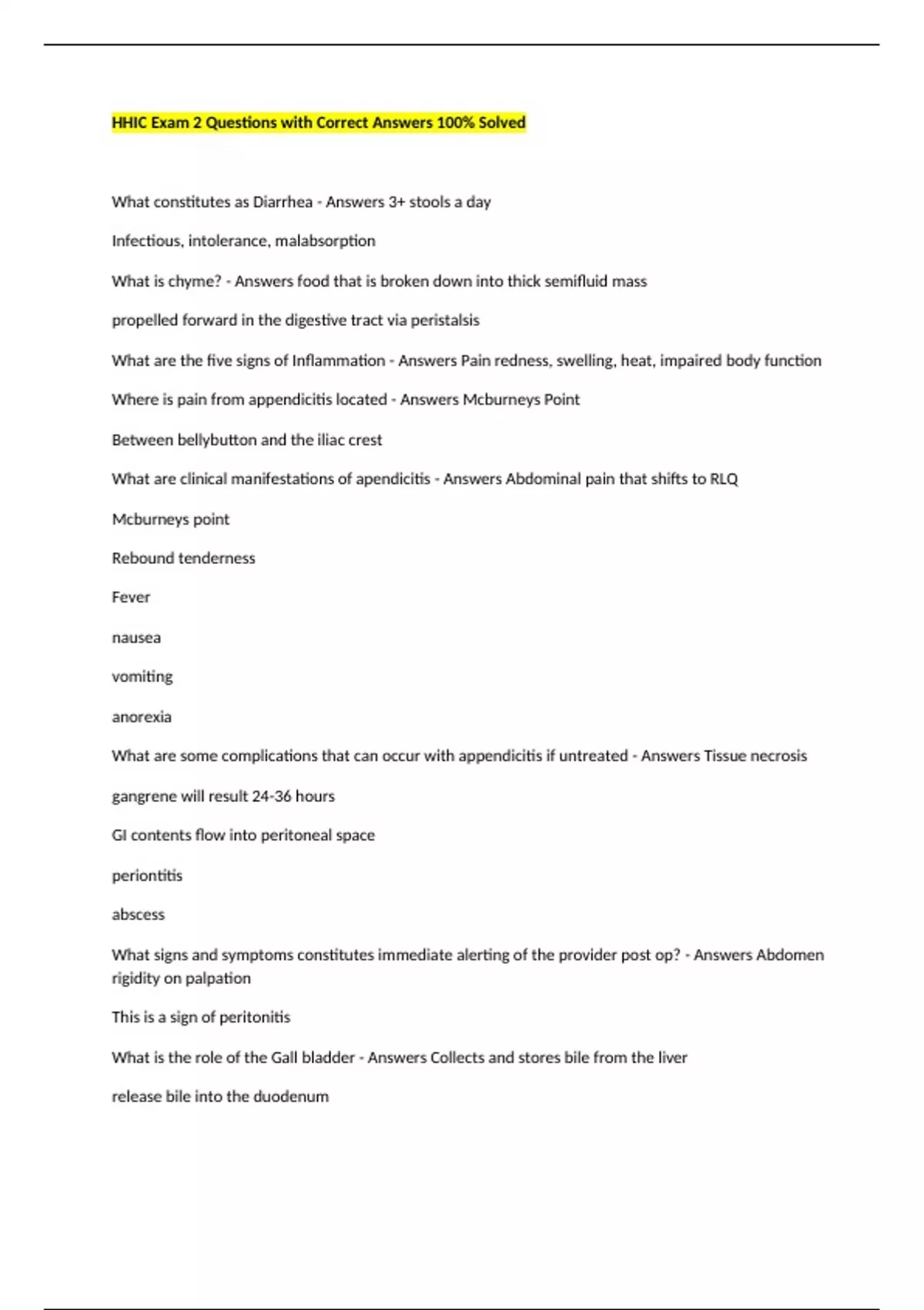 HHIC Exam 2 Questions with Correct Answers 100% Solved - HHIC - Stuvia US