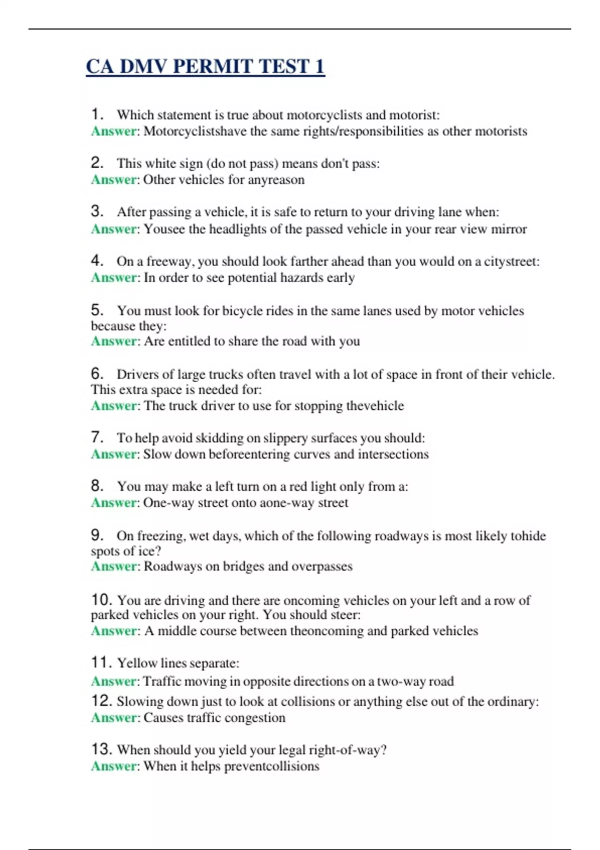 CA DMV PERMIT TEST 1, 2 ( UPDATED 2025 ) | QUESTIONS WITH 100% VERIFIED ...