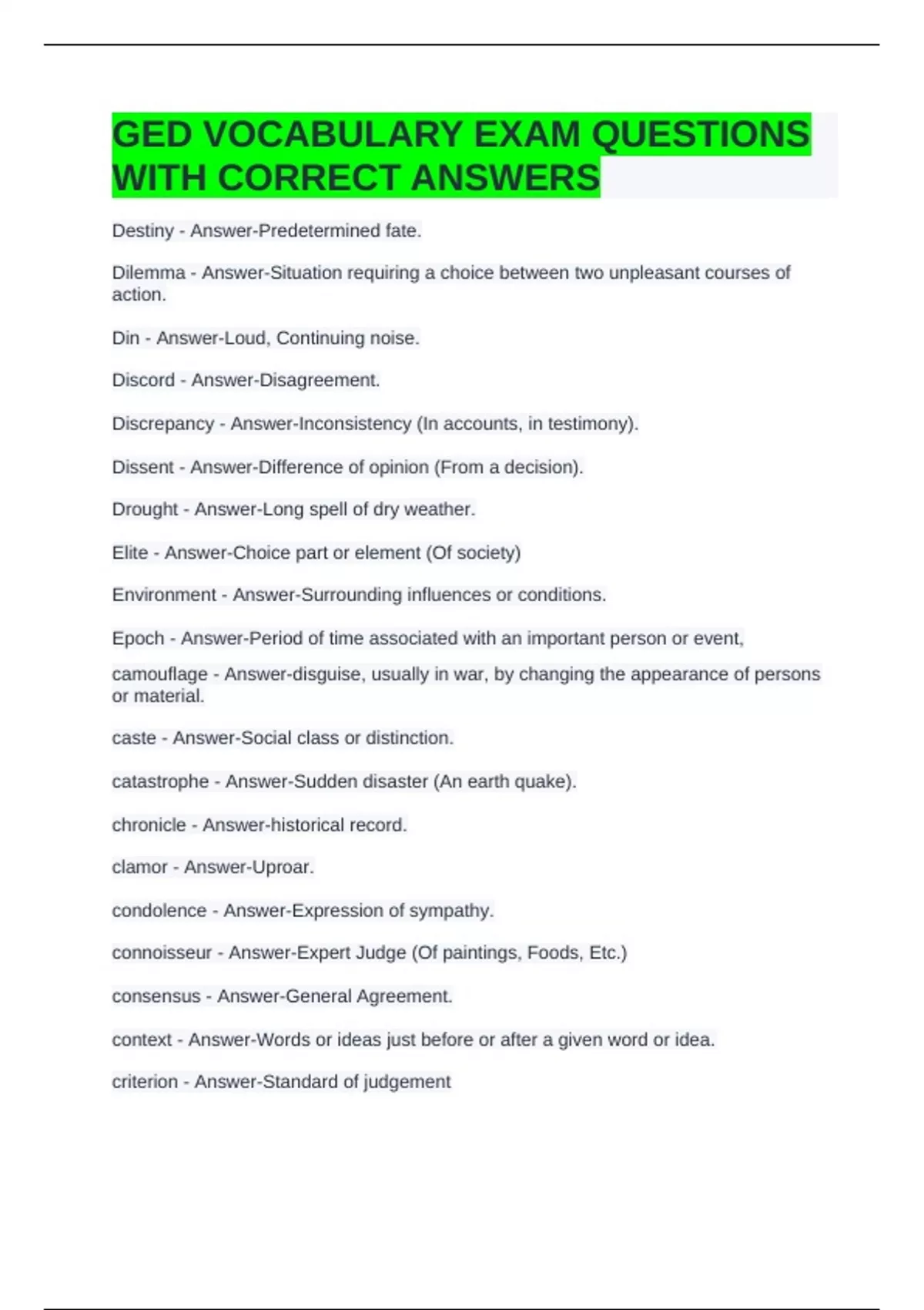 GED VOCABULARY EXAM QUESTIONS WITH CORRECT ANSWERS - GED - Stuvia US