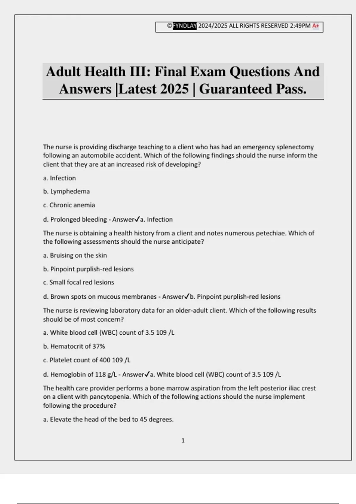 Adult Health III: Final Exam Questions And Answers |Latest 2025 ...