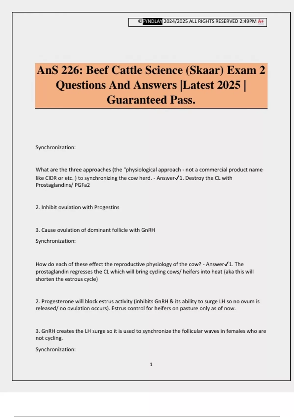 AnS 226: Beef Cattle Science (Skaar) Exam 2 Questions And Answers ...