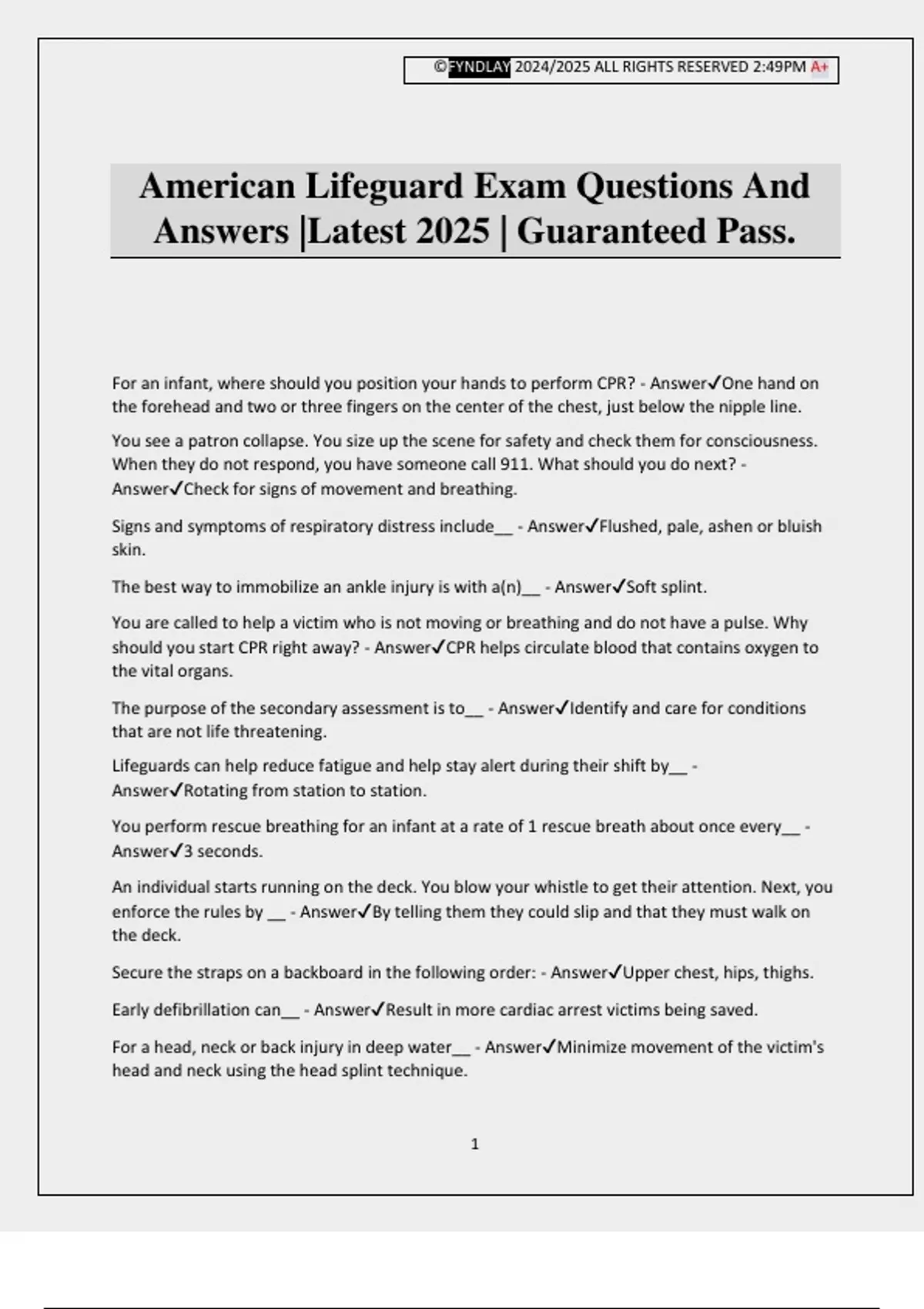 American Lifeguard Exam Questions And Answers |Latest 2025 | Guaranteed ...