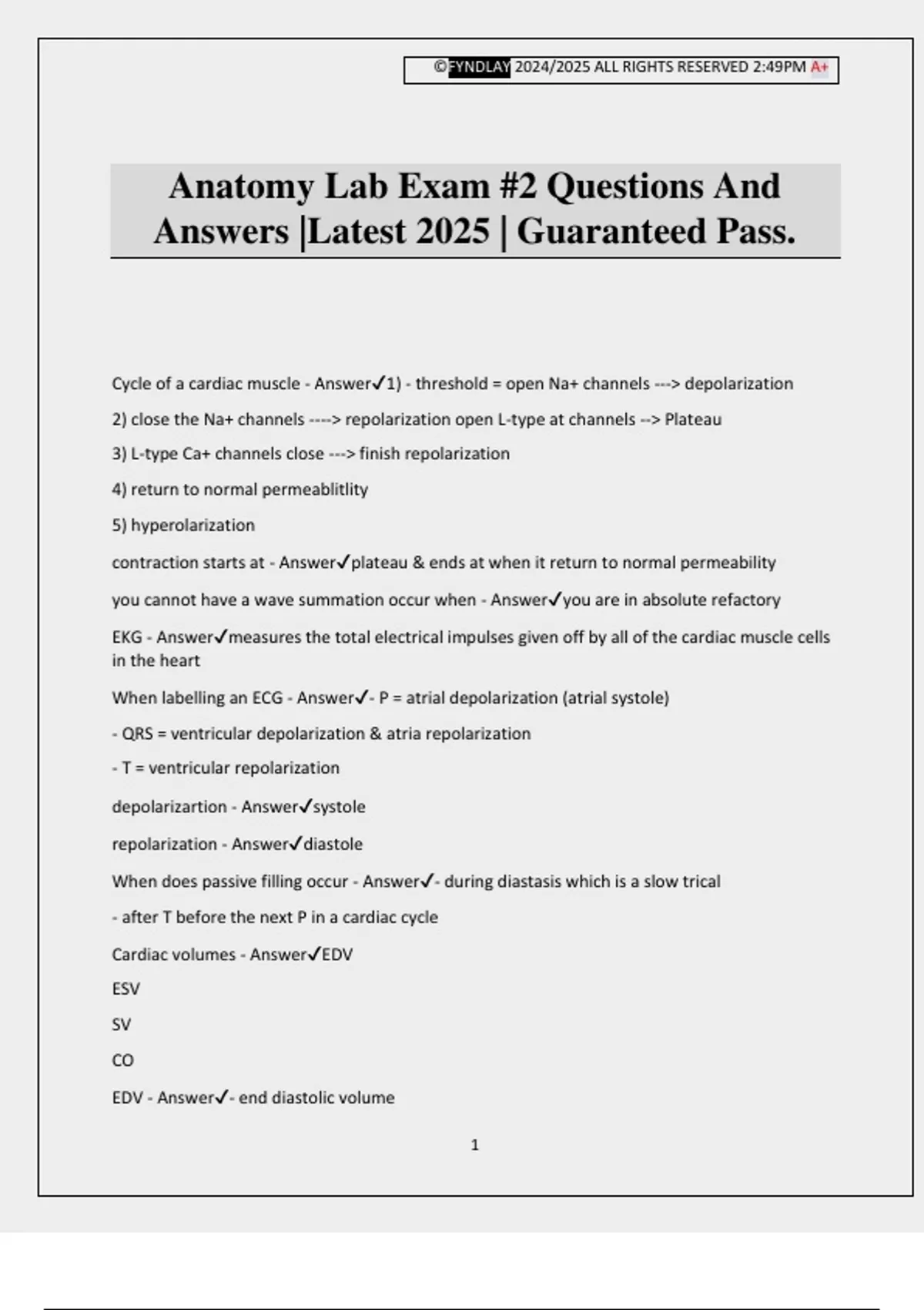 Anatomy Lab Exam #2 Questions And Answers |Latest 2025 | Guaranteed ...