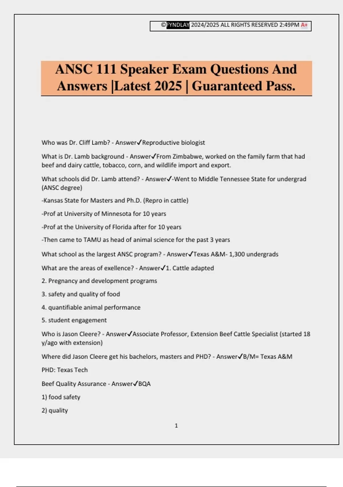 ANSC 111 Speaker Exam Questions And Answers |Latest 2025 | Guaranteed ...