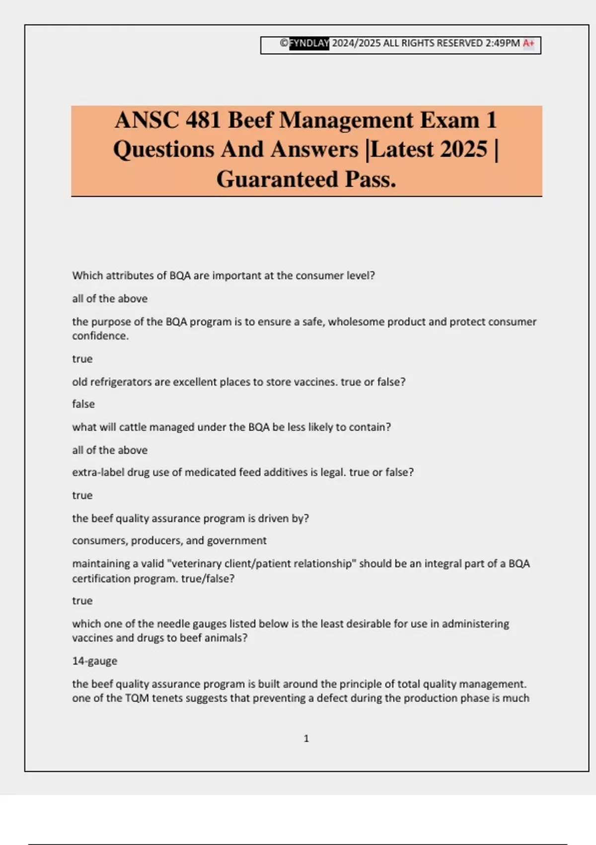 ANSC 481 Beef Management Exam 1 Questions And Answers |Latest 2025 ...