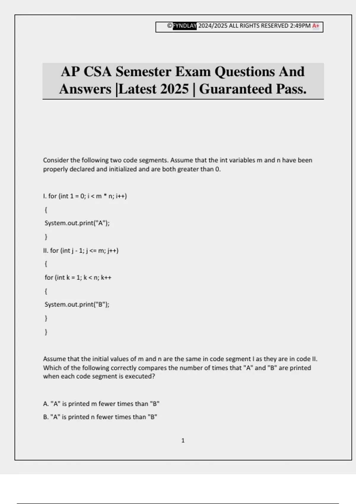 AP CSA Semester Exam Questions And Answers |Latest 2025 | Guaranteed ...
