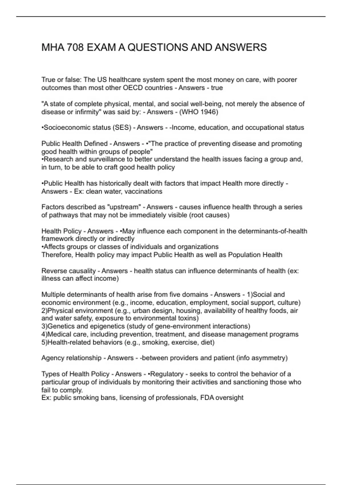 MHA 708 EXAM A QUESTIONS AND ANSWERS - MHA 708 - Stuvia US