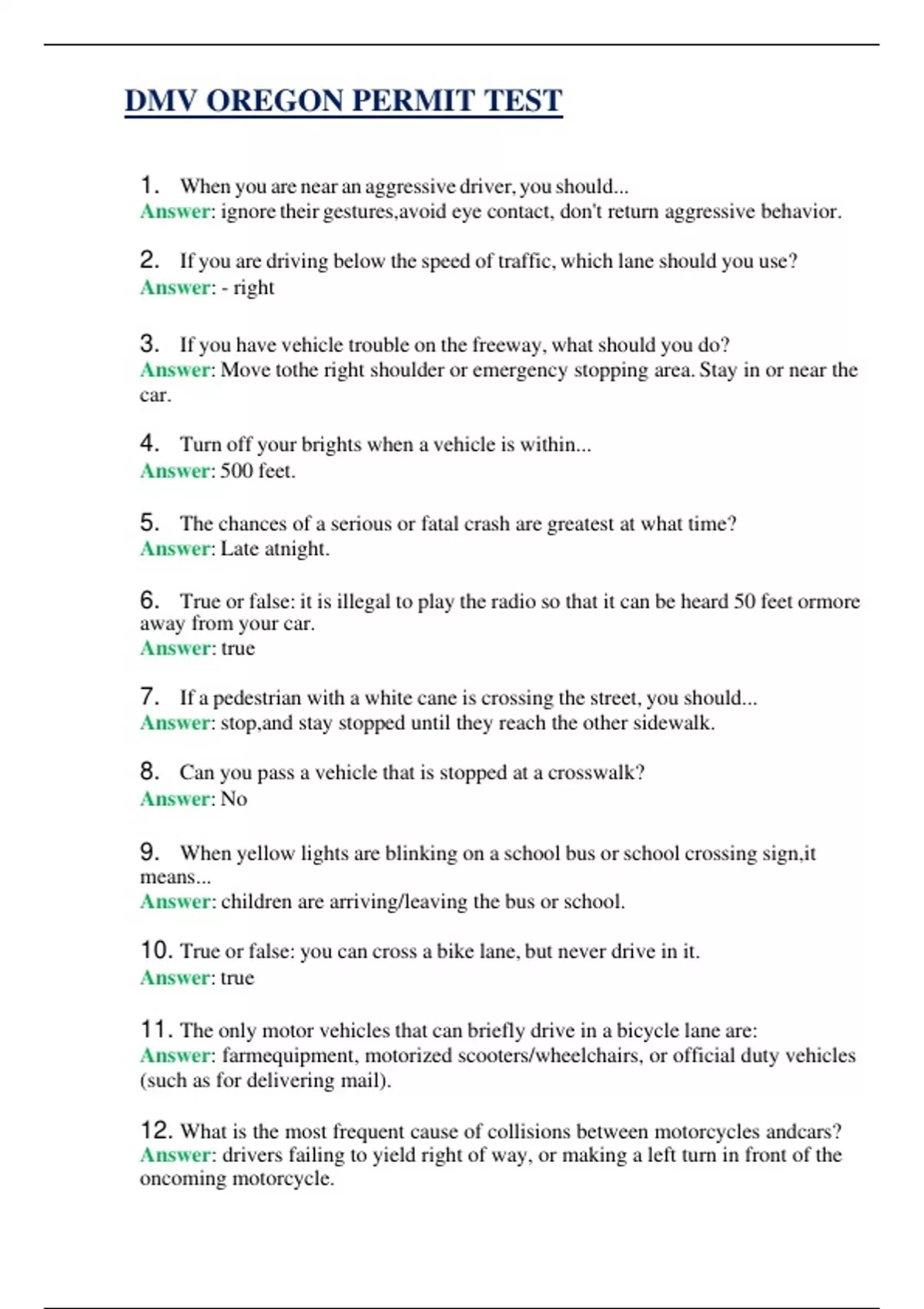 DMV OREGON PERMIT TEST ( UPDATED 2025 ) | QUESTIONS WITH 100% VERIFIED ...