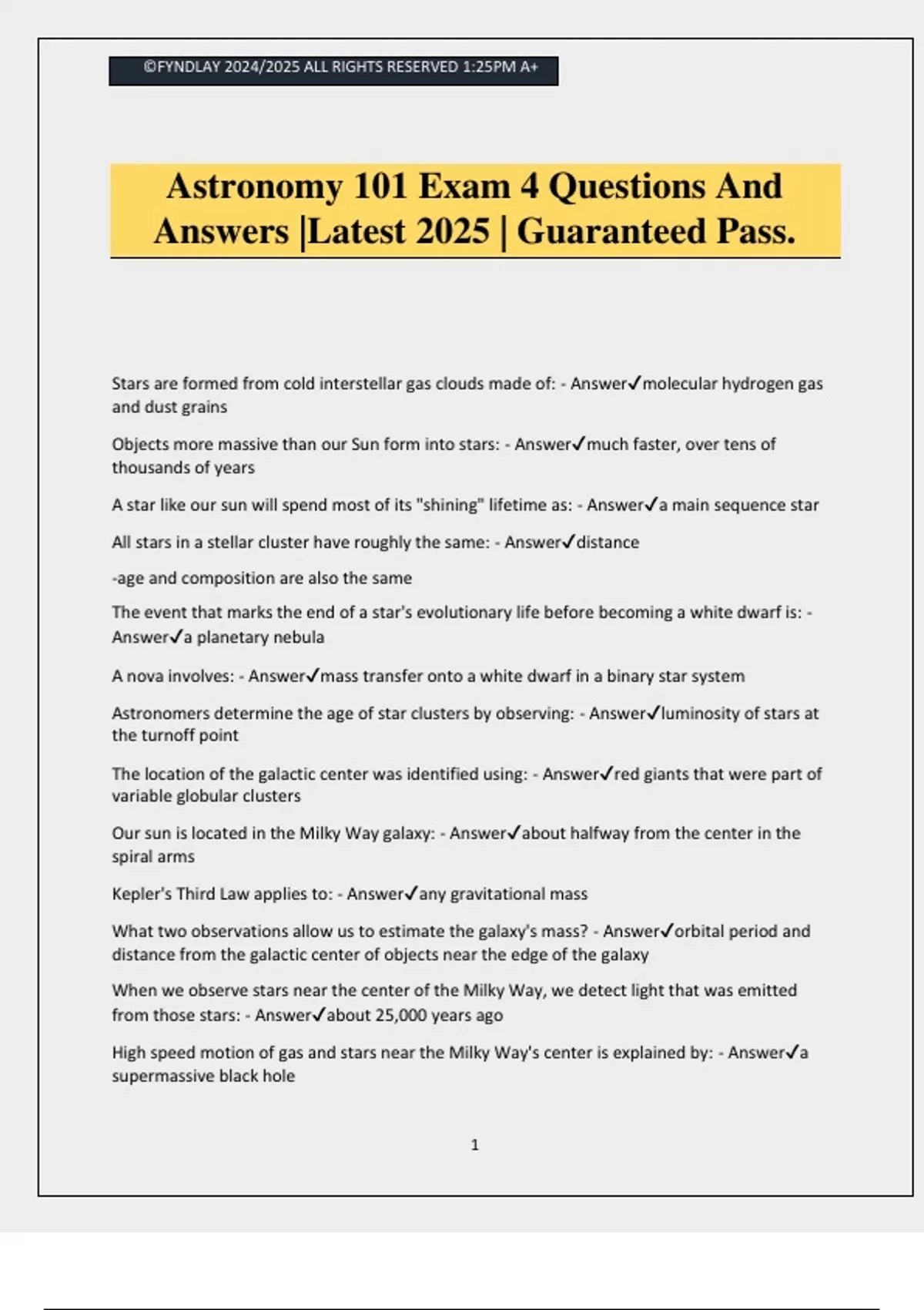 Astronomy 101 Exam 4 Questions And Answers |Latest 2025 | Guaranteed ...