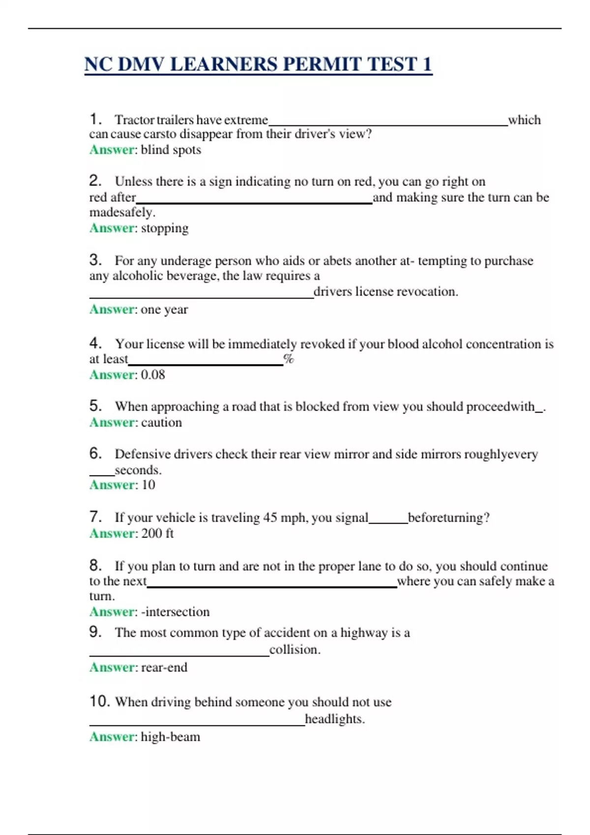 NC DMV LEARNERS PERMIT TEST 1 ( UPDATED 2025 ) | QUESTIONS WITH 100% ...