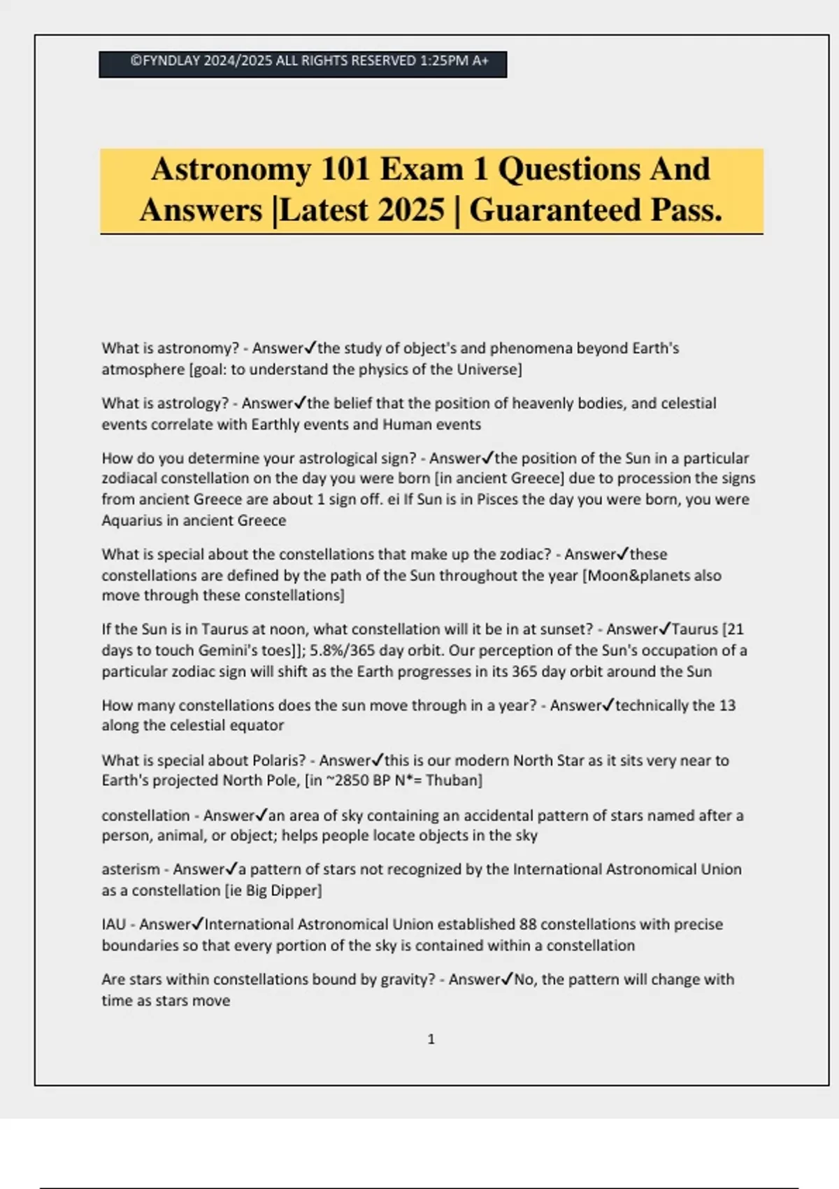 Astronomy 101 Exam 1 Questions And Answers |Latest 2025 | Guaranteed ...