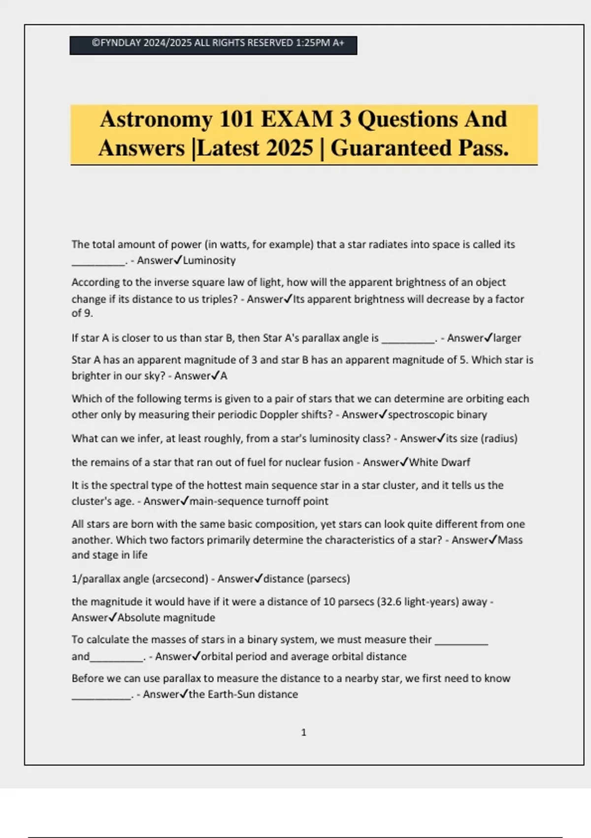 Astronomy 101 EXAM 3 Questions And Answers |Latest 2025 | Guaranteed ...