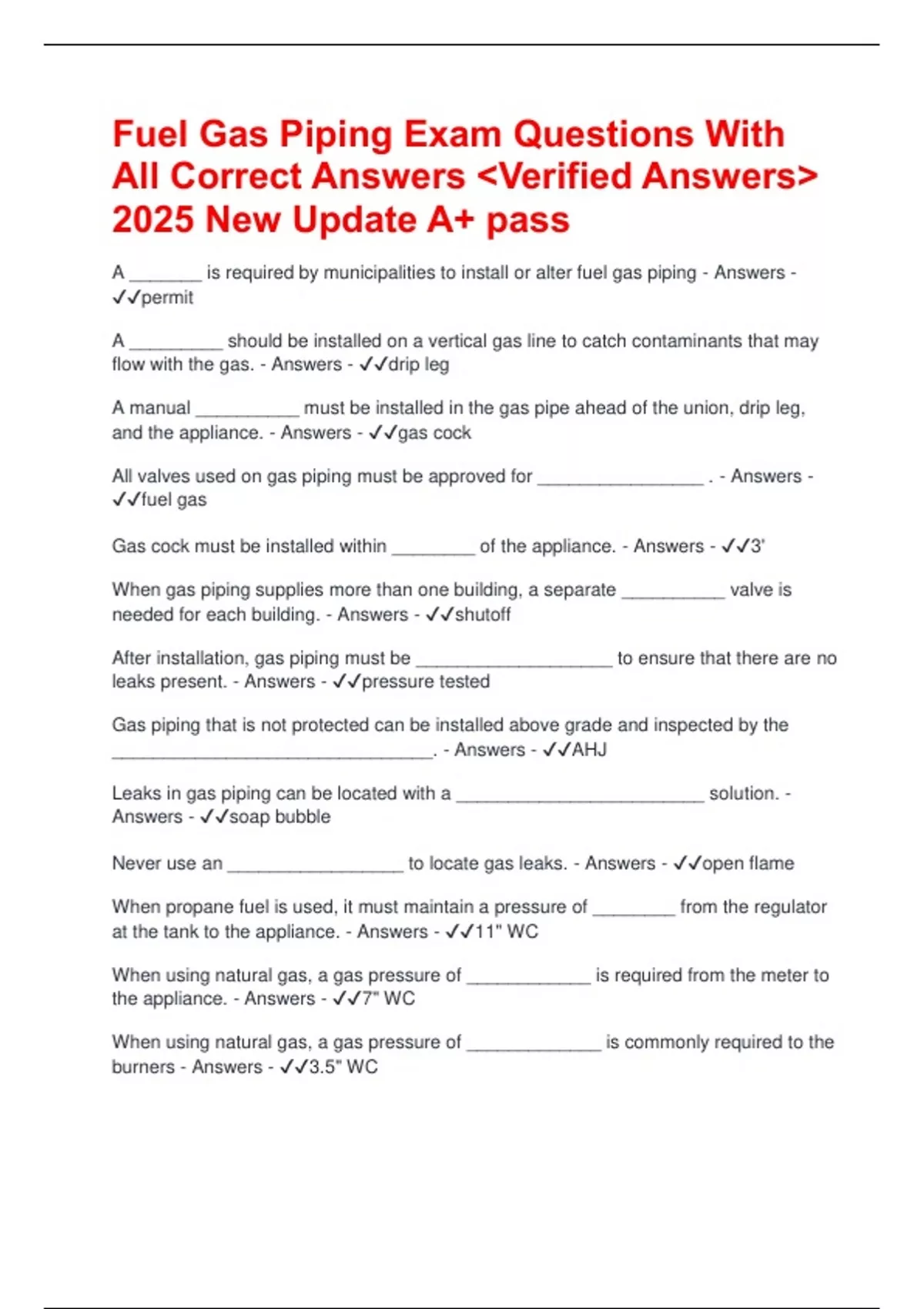 Fuel Gas Piping Exam Questions With All Correct Answers Verified ...
