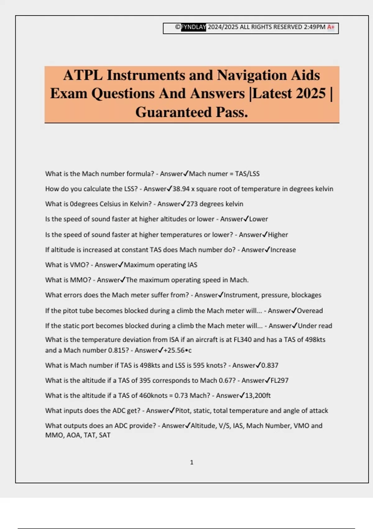 TPL Instruments and Navigation Aids Exam Questions And Answers |Latest ...