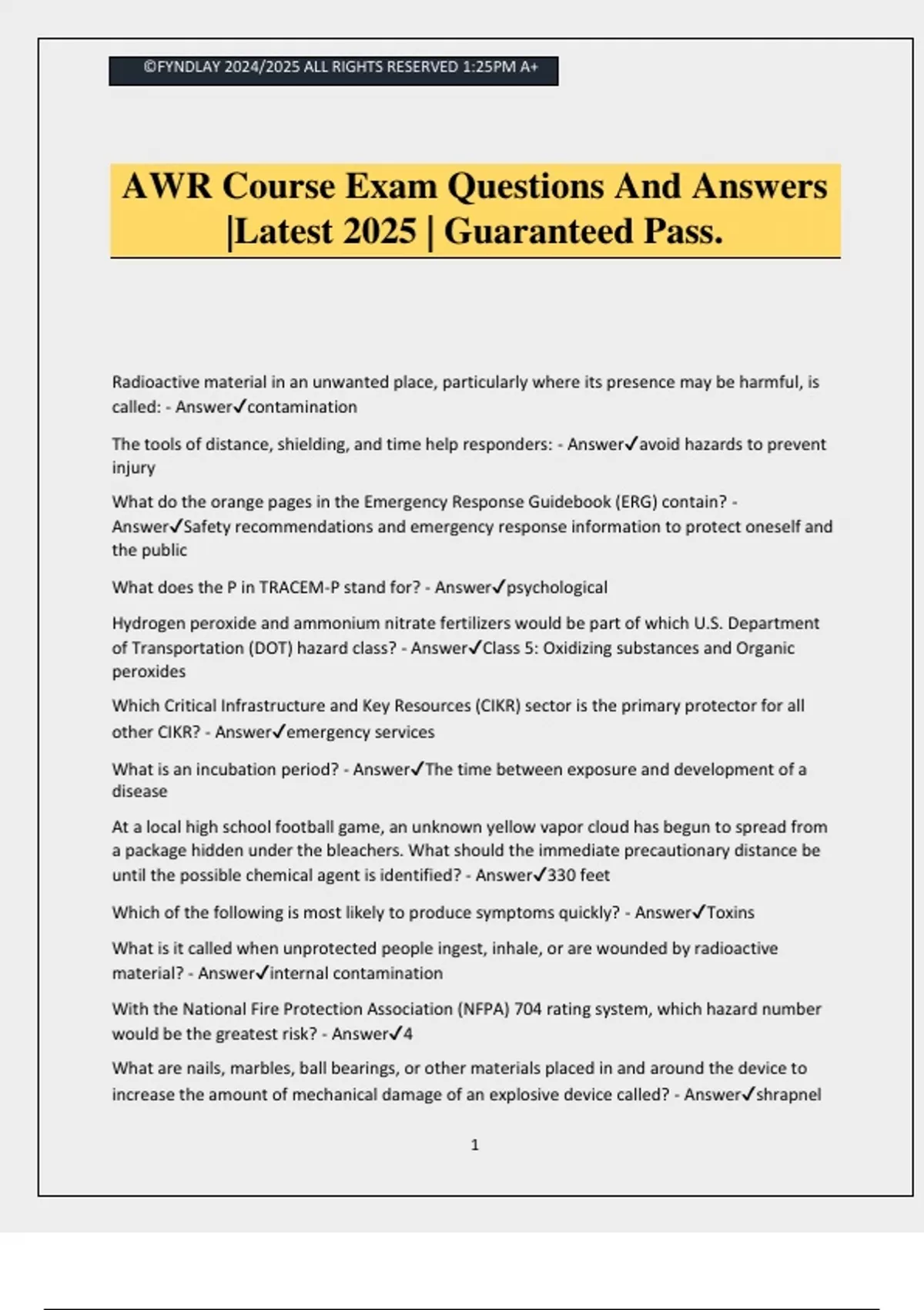 AWR Course Exam Questions And Answers |Latest 2025 | Guaranteed Pass ...