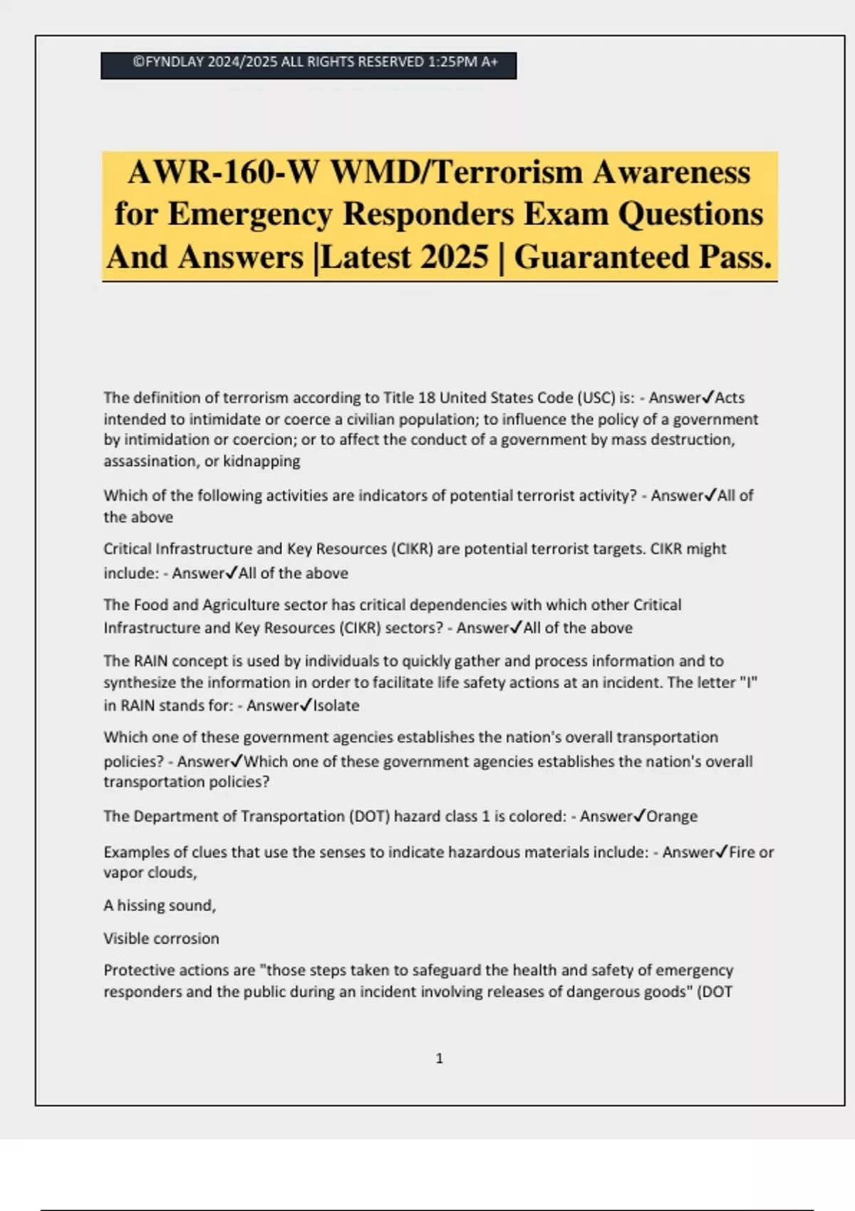 AWR-160-W WMD/Terrorism Awareness for Emergency Responders Exam ...