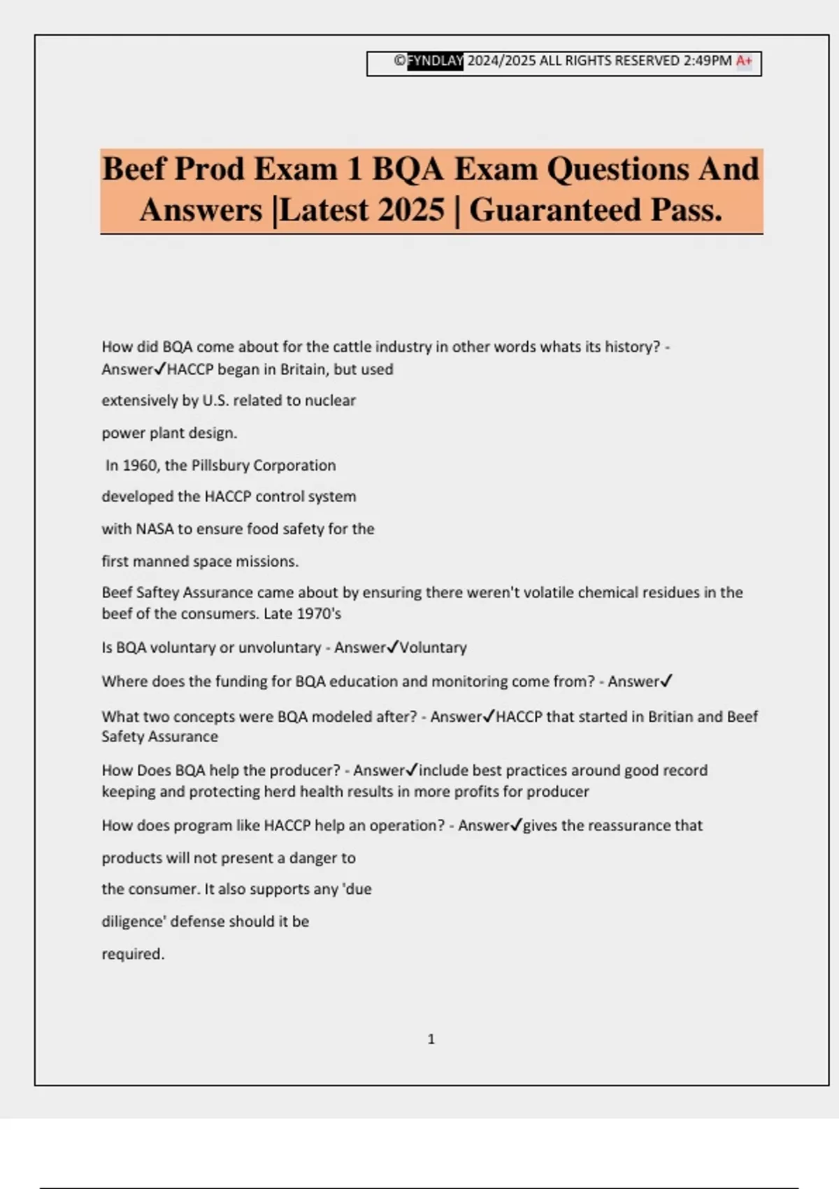 Beef Prod Exam 1 BQA Exam Questions And Answers |Latest 2025 ...