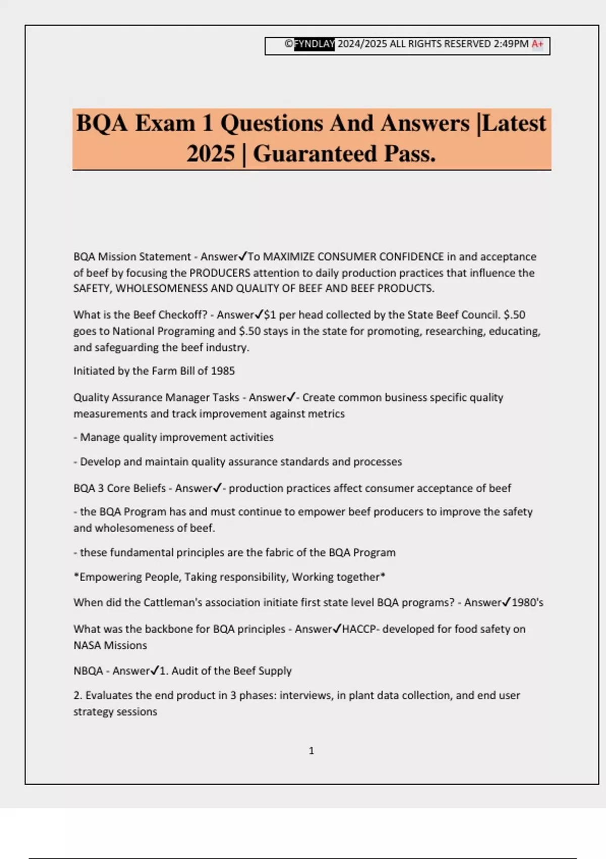 BQA Exam 1 Questions And Answers |Latest 2025 | Guaranteed Pass. - Beef ...